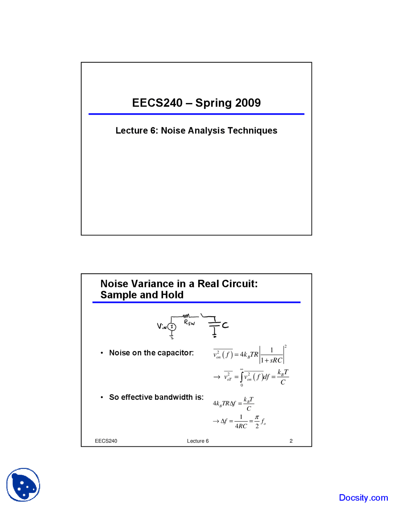 Noise Analysis Techniques - Advanced Analog Integrated Circuits - Lecture Slides - Docsity