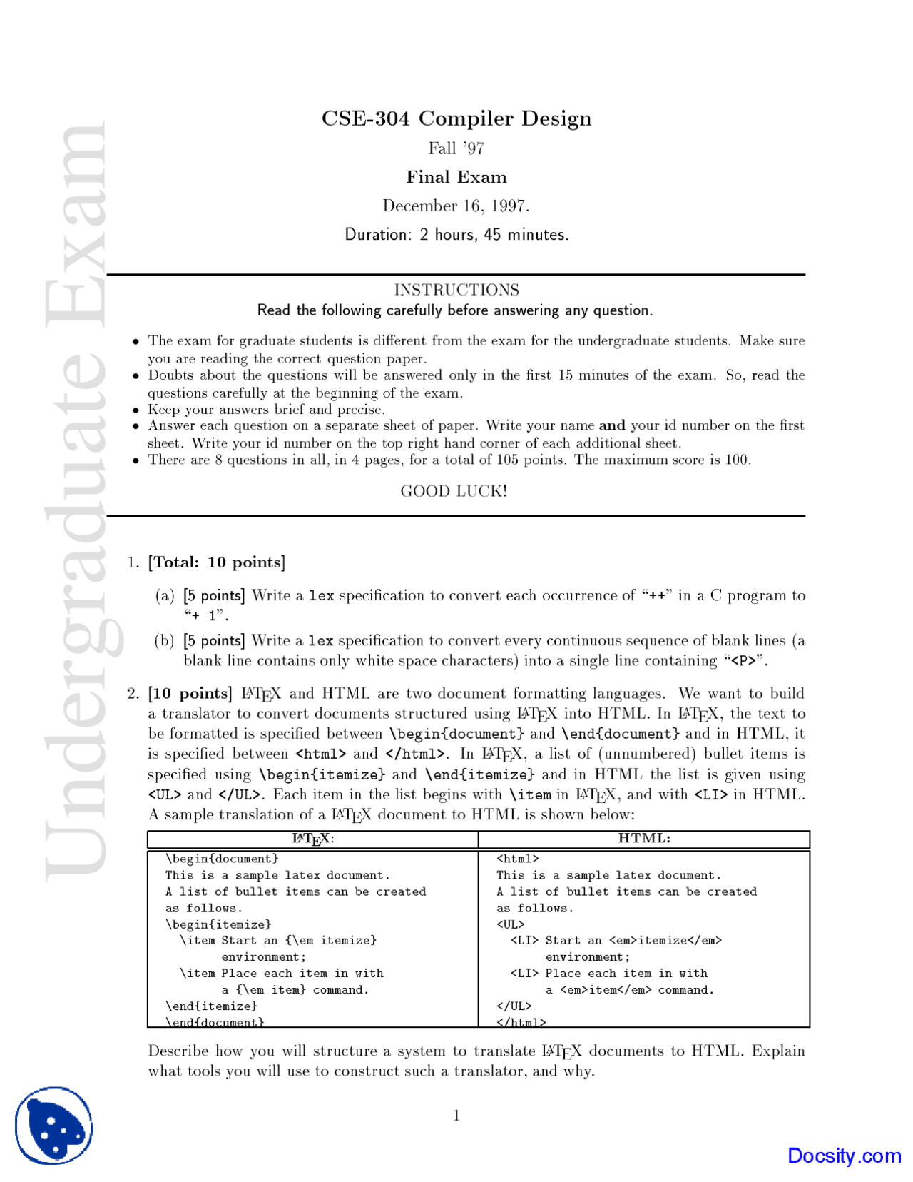 Lex Specification Advanced Compiler Design Exam Exams Computer Science Docsity 0269
