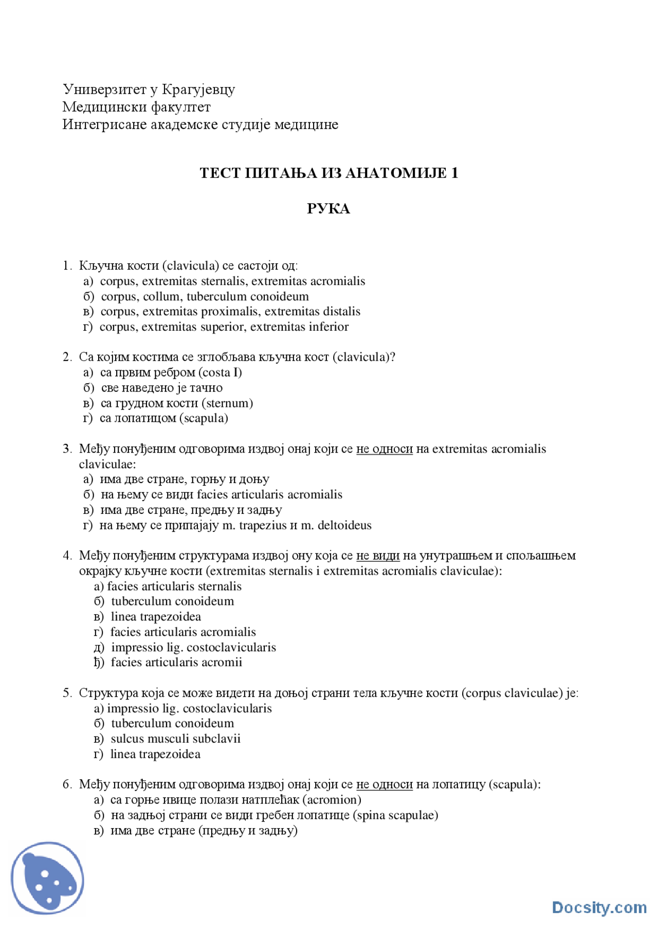Test-Ispit-Anatomija-Medicina (3) | Ispiti od Anatomija čoveka | Docsity
