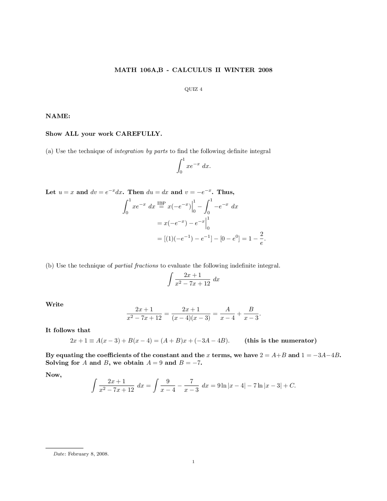 Integration By Parts Calculus Solved Quiz Docsity