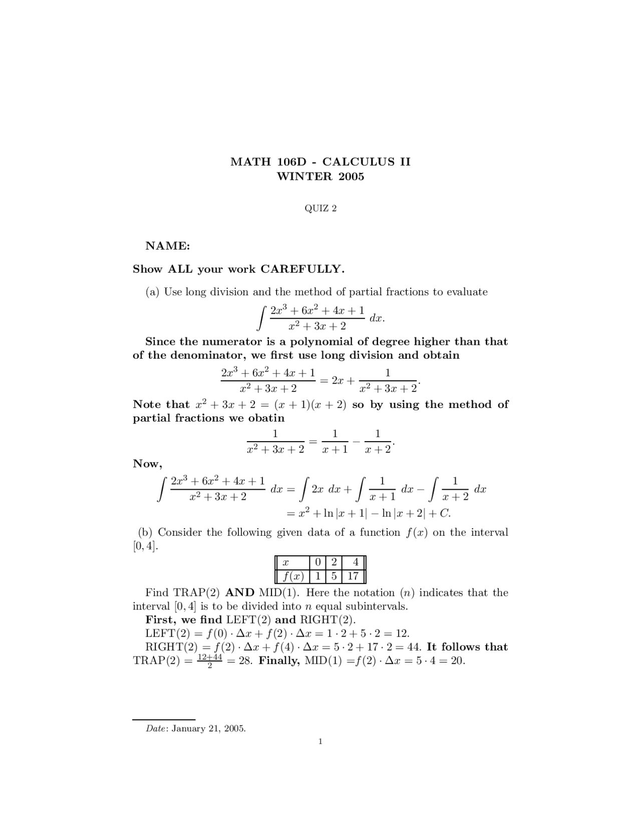 Long Division - Calculus - Solved Quiz - Docsity