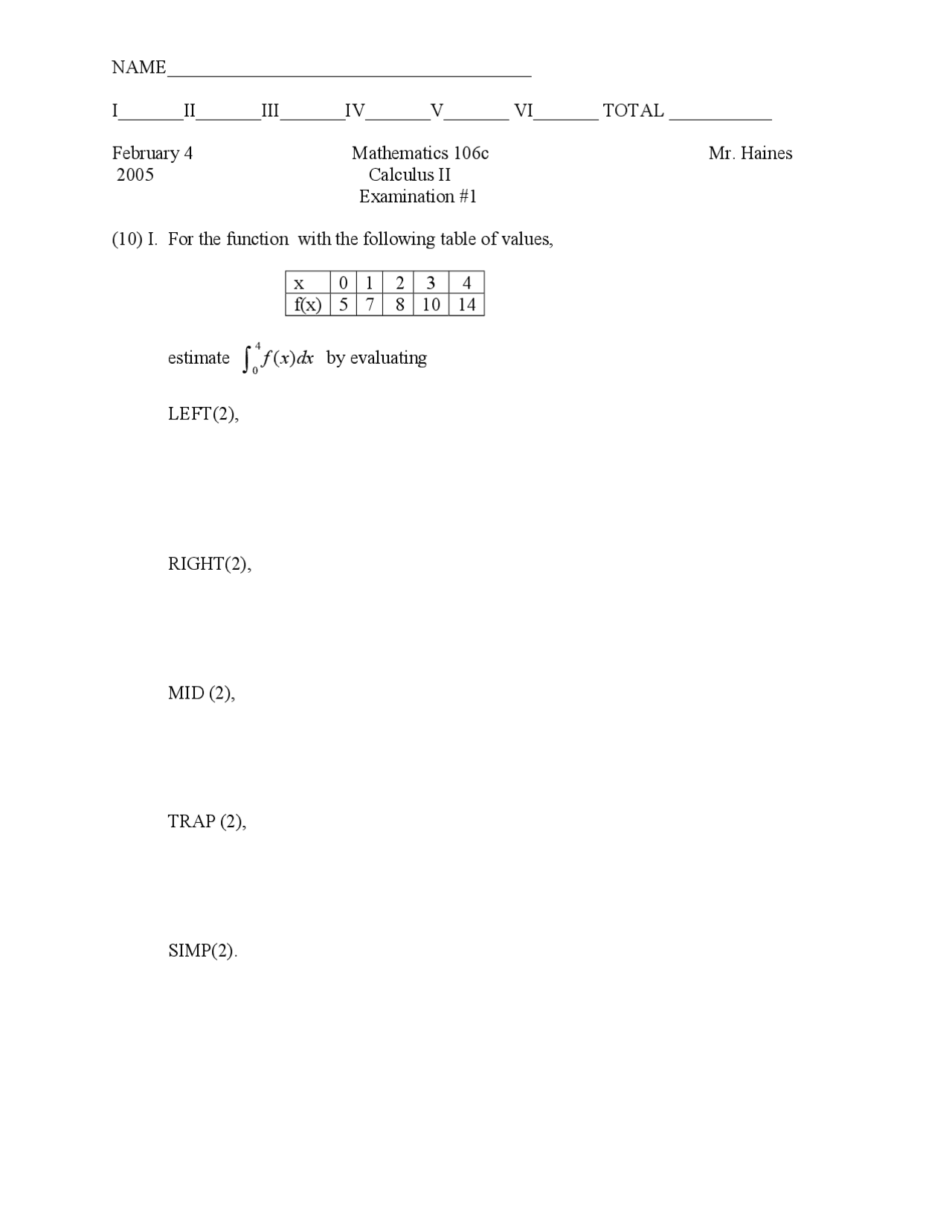 Table - Calculus - Exam - Docsity