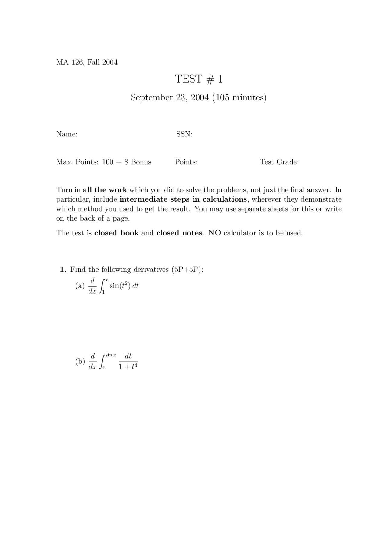 Find Derivatives, Indefinite Integrals - Calculus II - Exam - Docsity