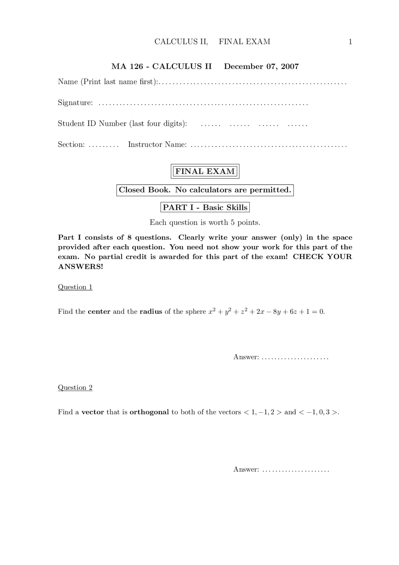 Orthogonal Vector Calculus Ii Exam Docsity