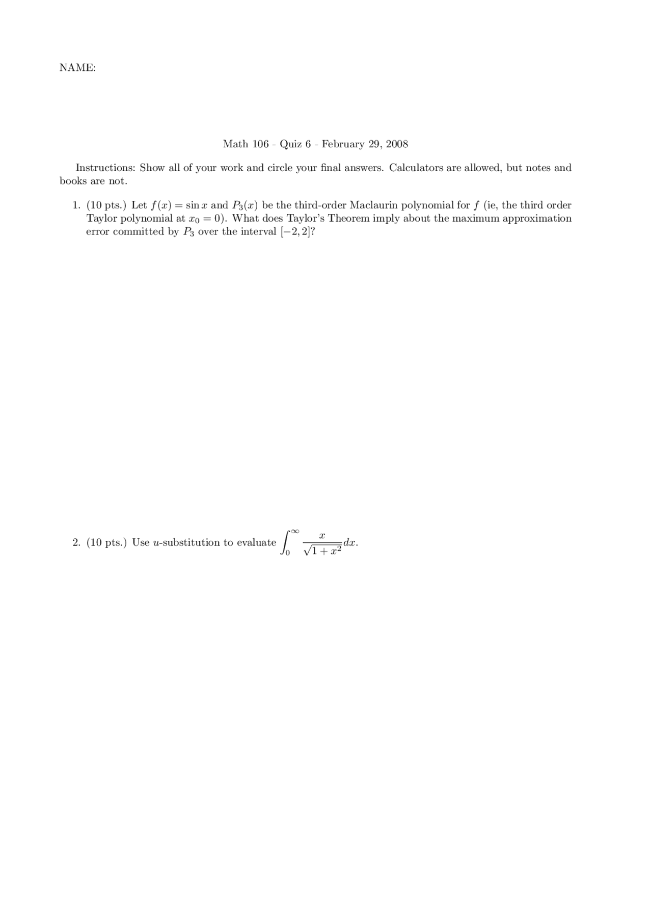 Taylors Theorem Calculus Quiz Docsity