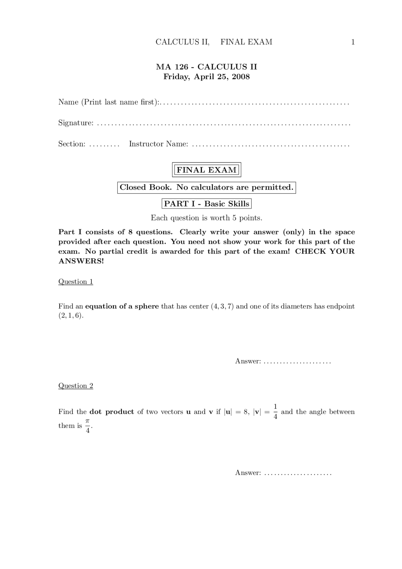 Parallel To Vector Calculus Ii Exam Docsity