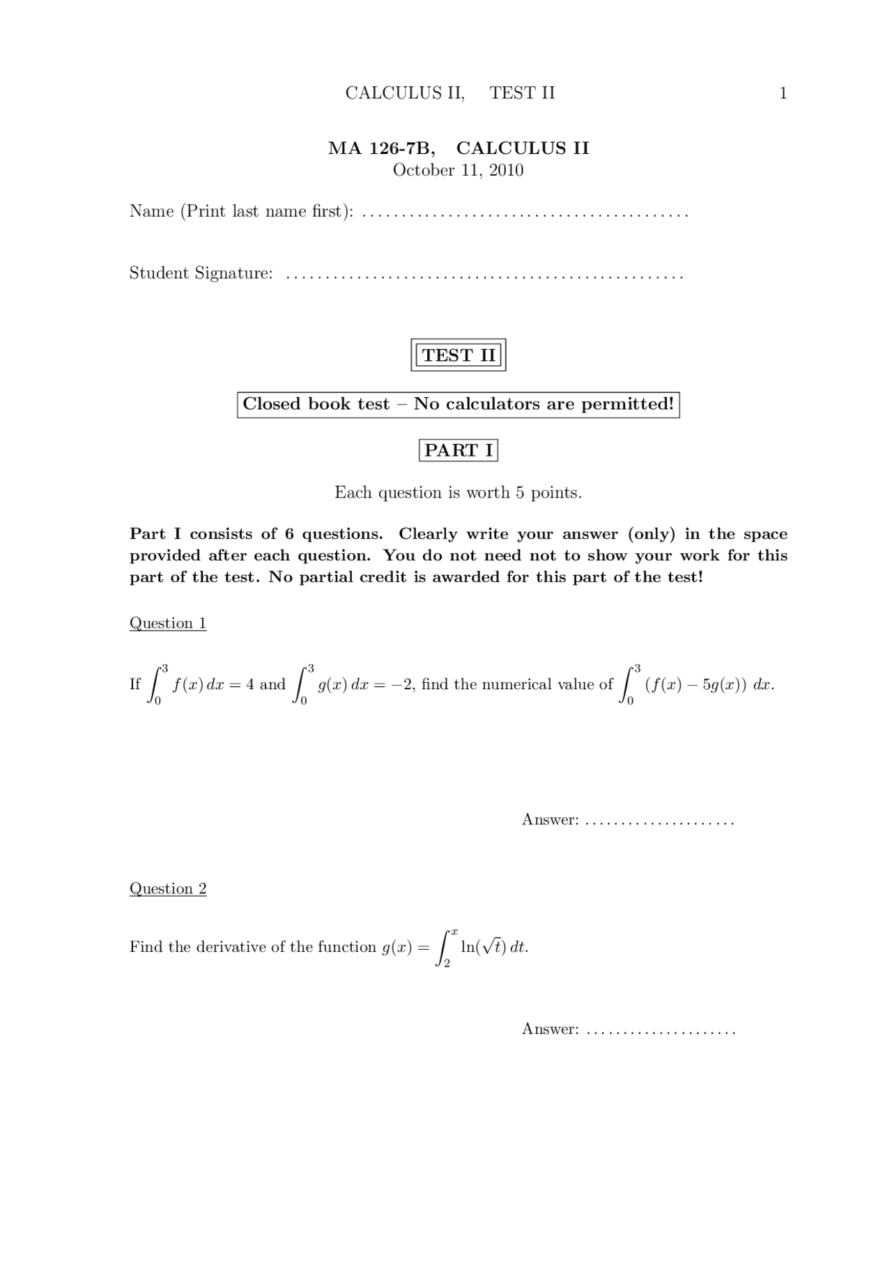 Average Value Calculus Ii Exam Docsity
