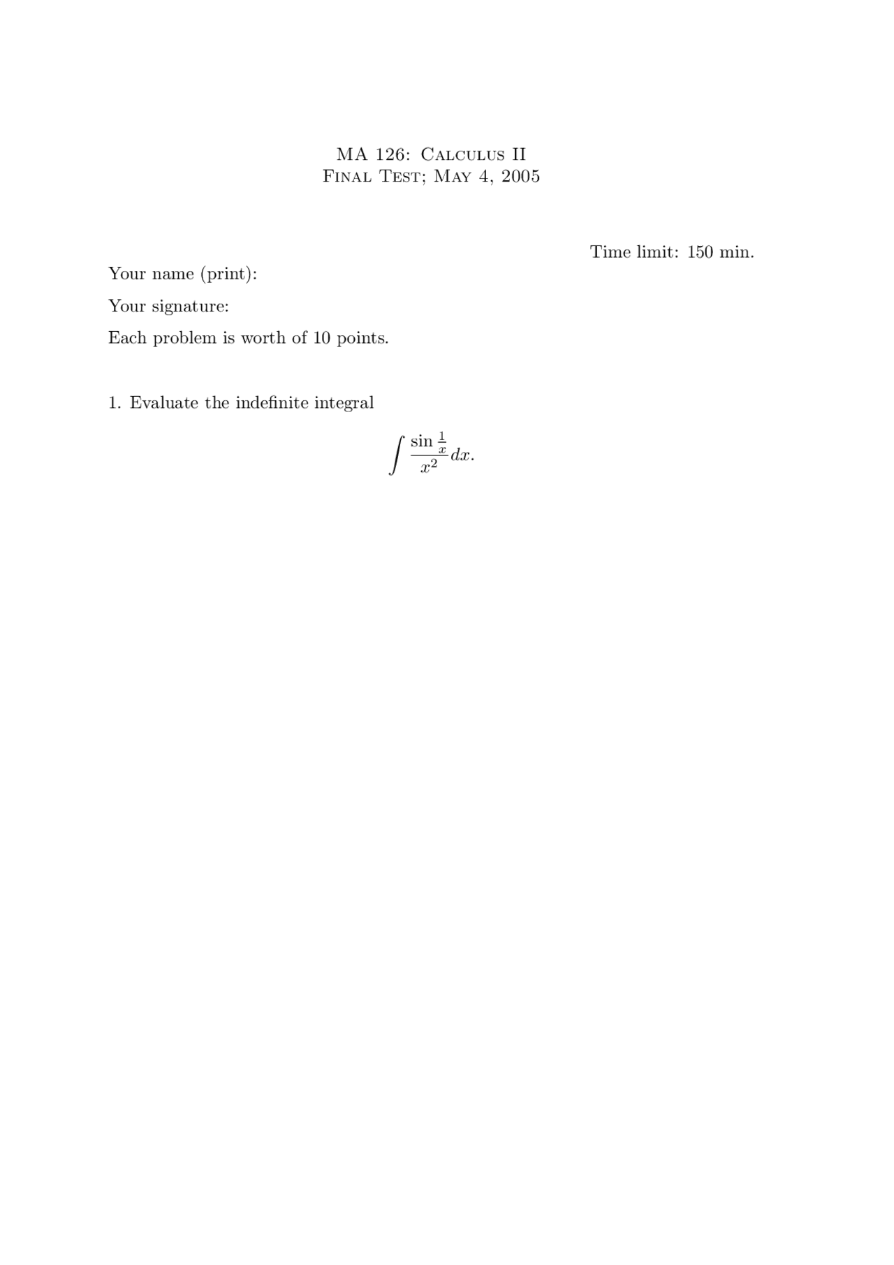 Indefinite Integral Calculus Ii Exam Exams Calculus Docsity