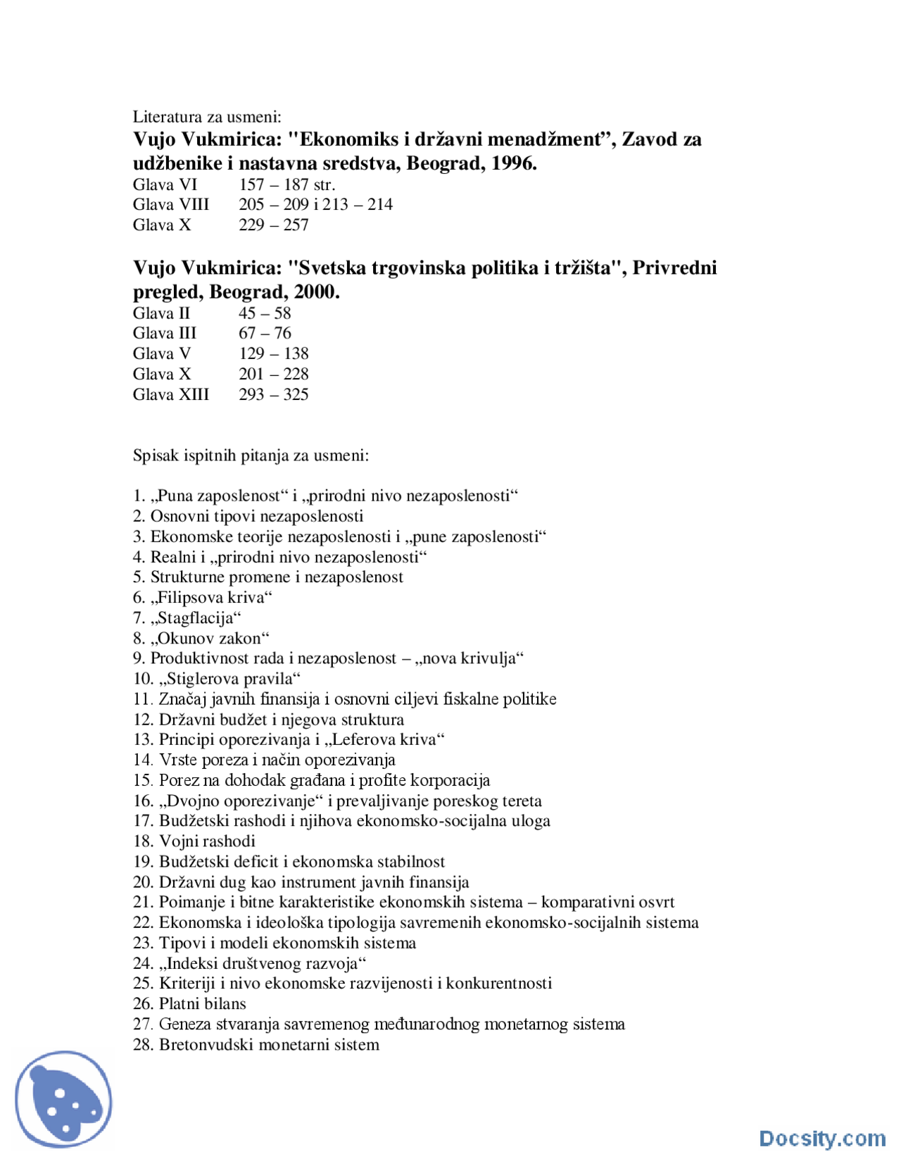 Spisak Pitanja Savremeni Ekonomski Sistemi I Odnosi Rezime Predlog