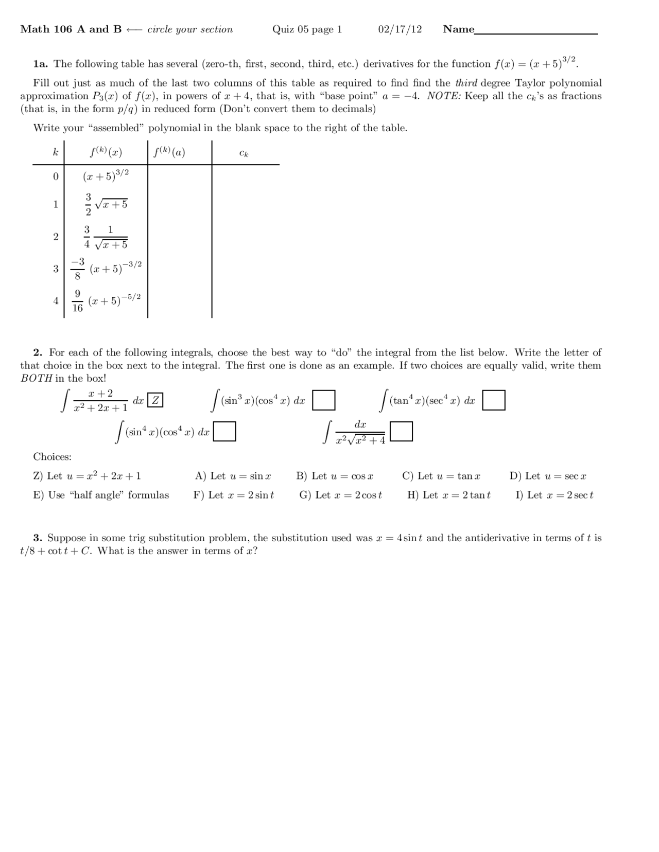 Polynomial Calculus Quiz Docsity
