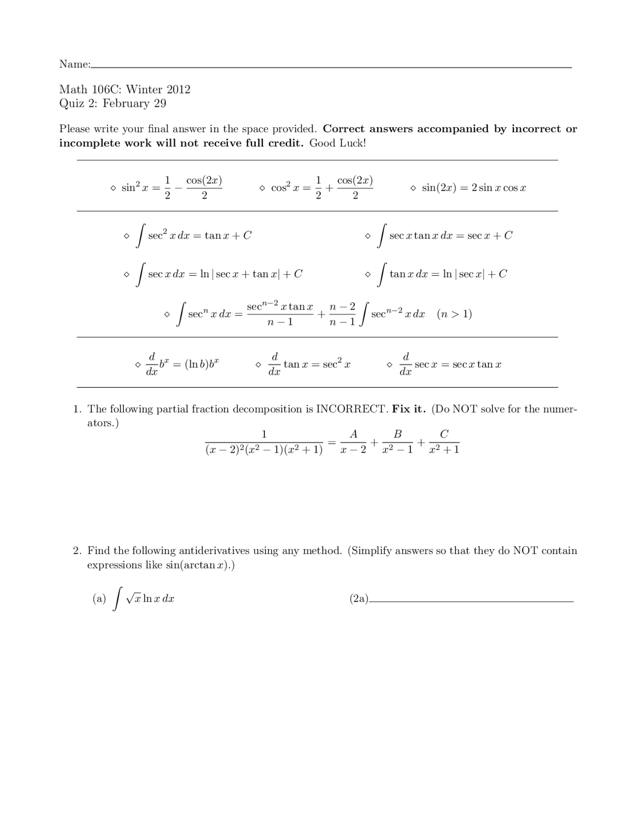 Decomposition Calculus Quiz Docsity