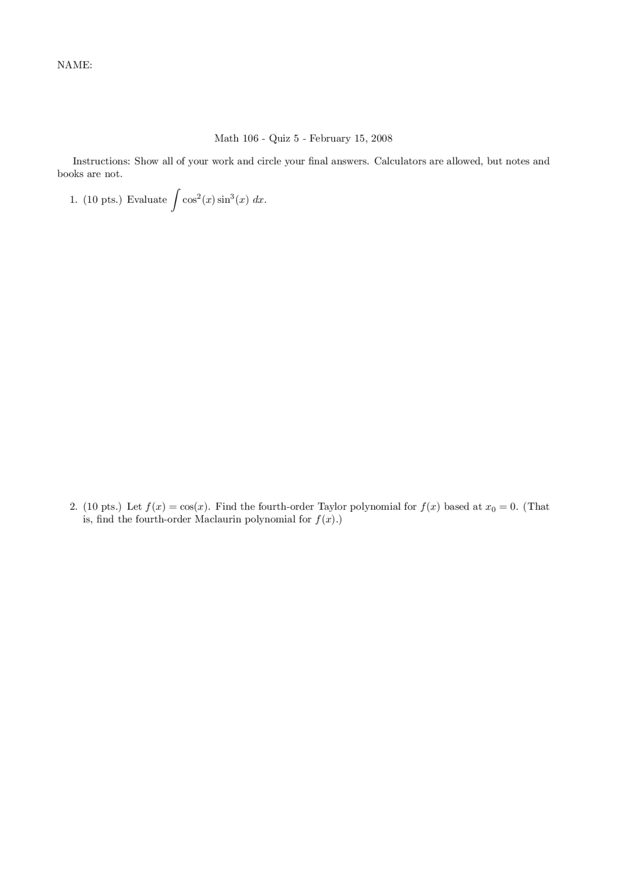 Fourth Order - Calculus - Quiz - Docsity