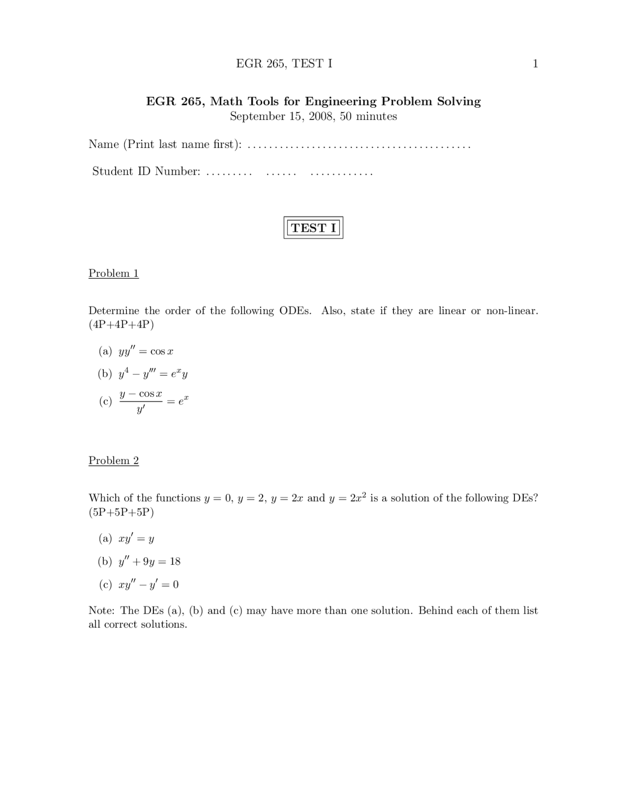 Determine Order Math Tools For Engineering Exam Docsity