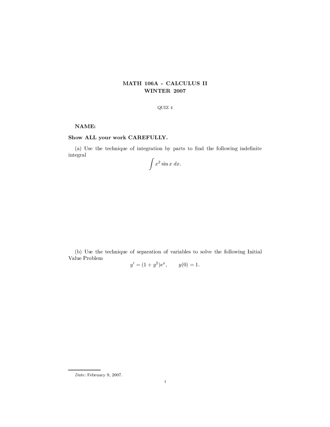 Indefinite Calculus Quiz Docsity