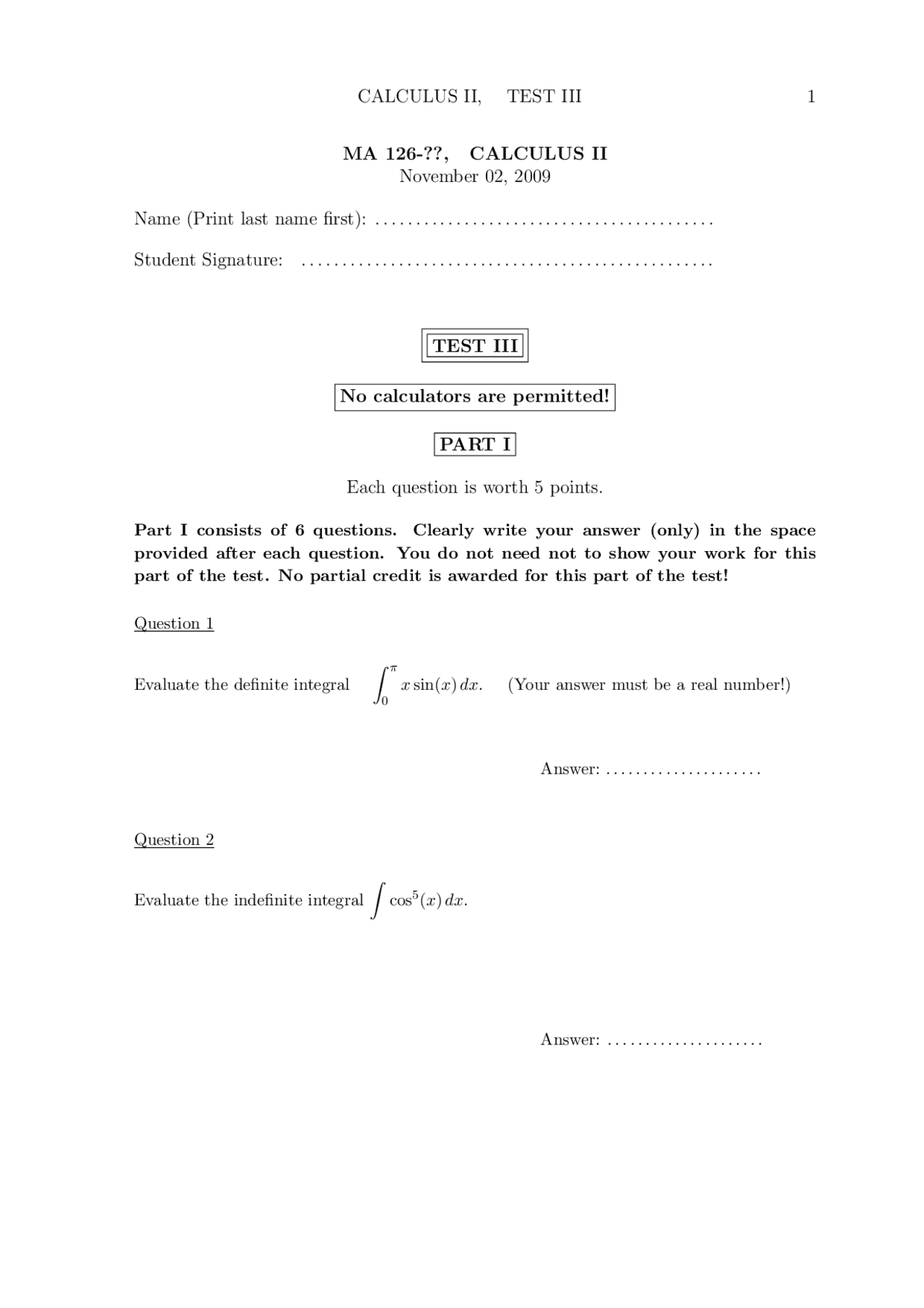 Horizontal Line Calculus Ii Exam Docsity