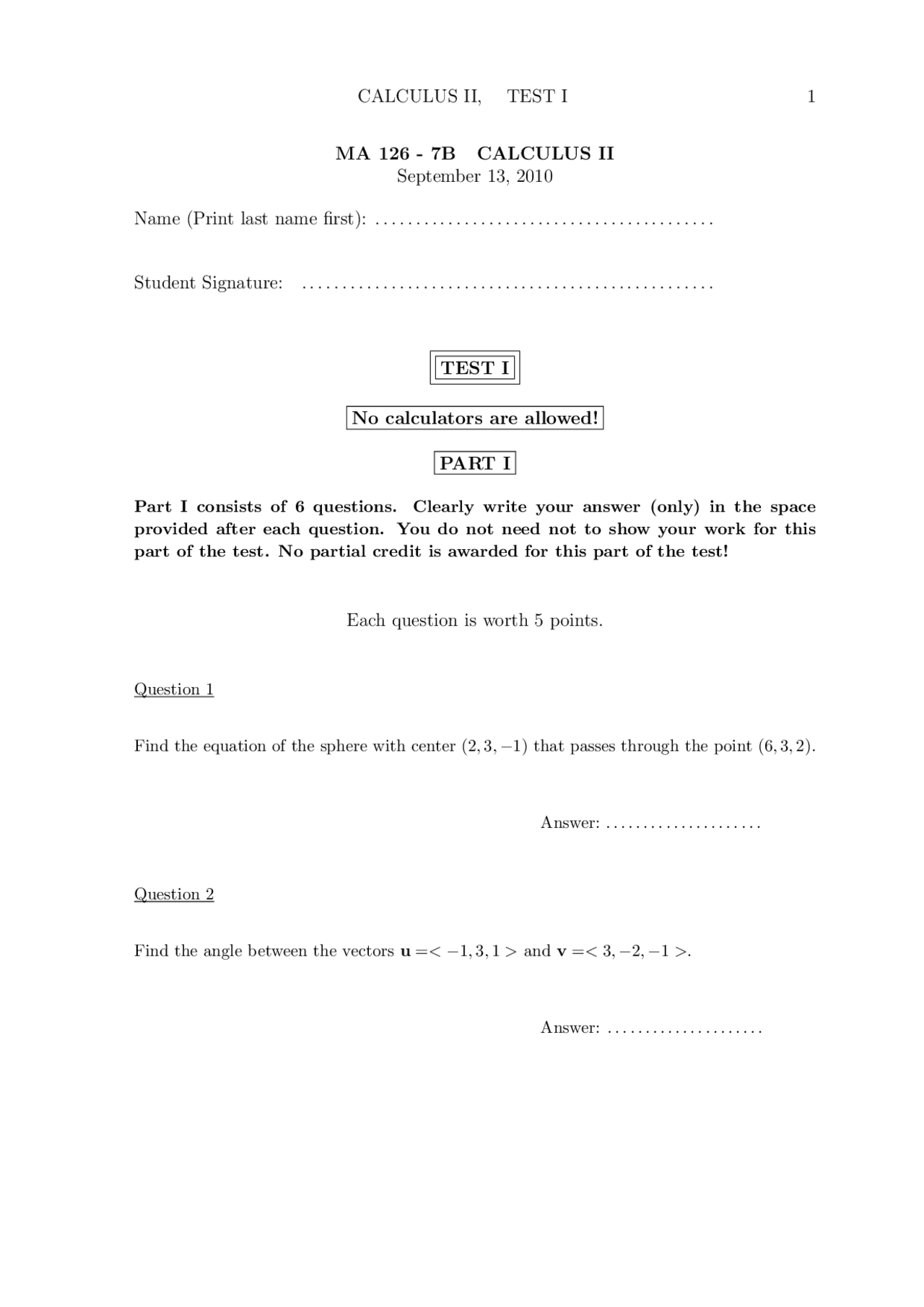 Generated By Vectors Calculus Ii Exam Docsity