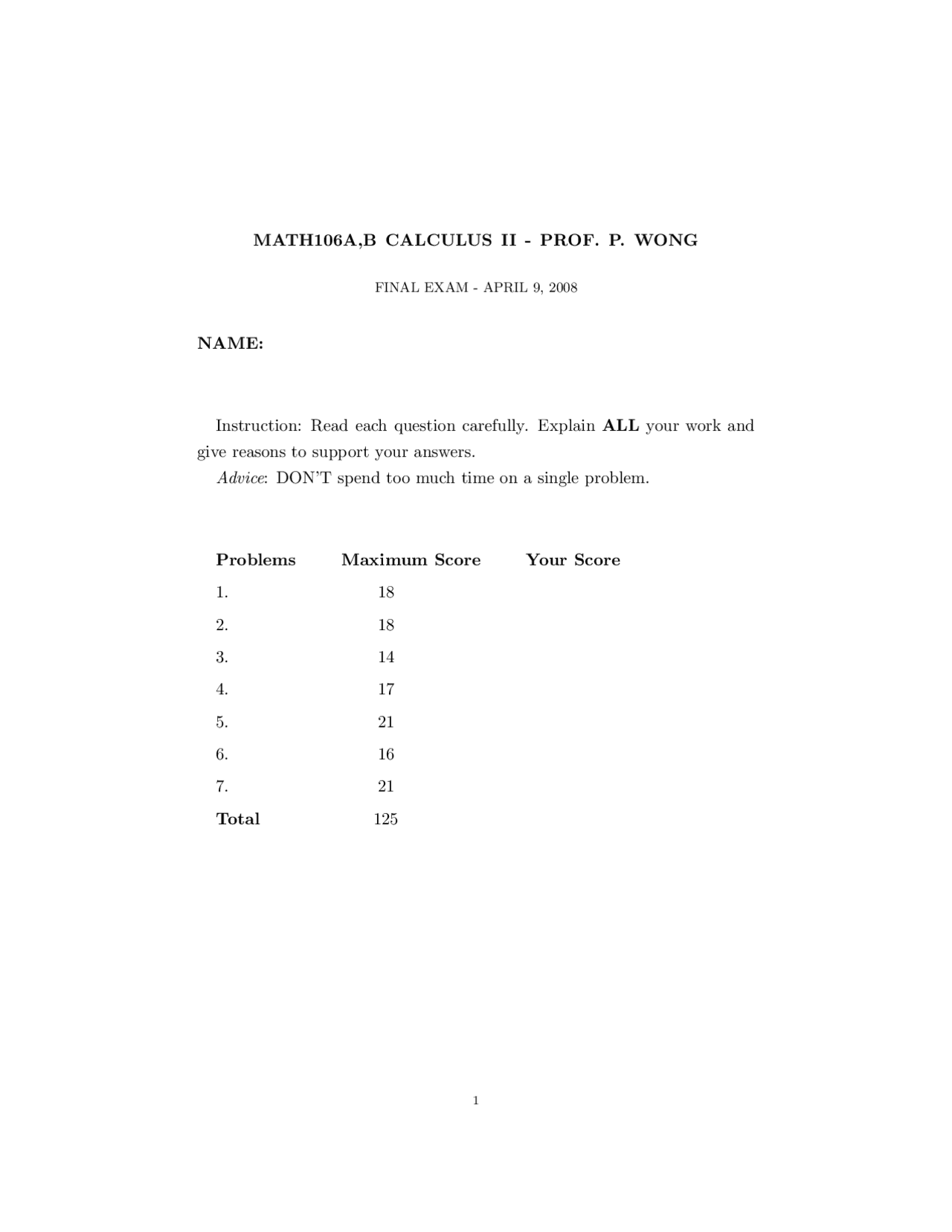 Positive Constant - Calculus - Exam | Exams Calculus | Docsity