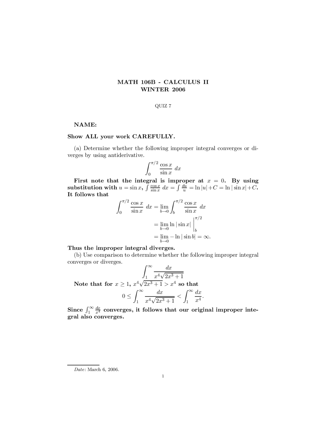 Improper - Calculus - Solved Quiz - Docsity