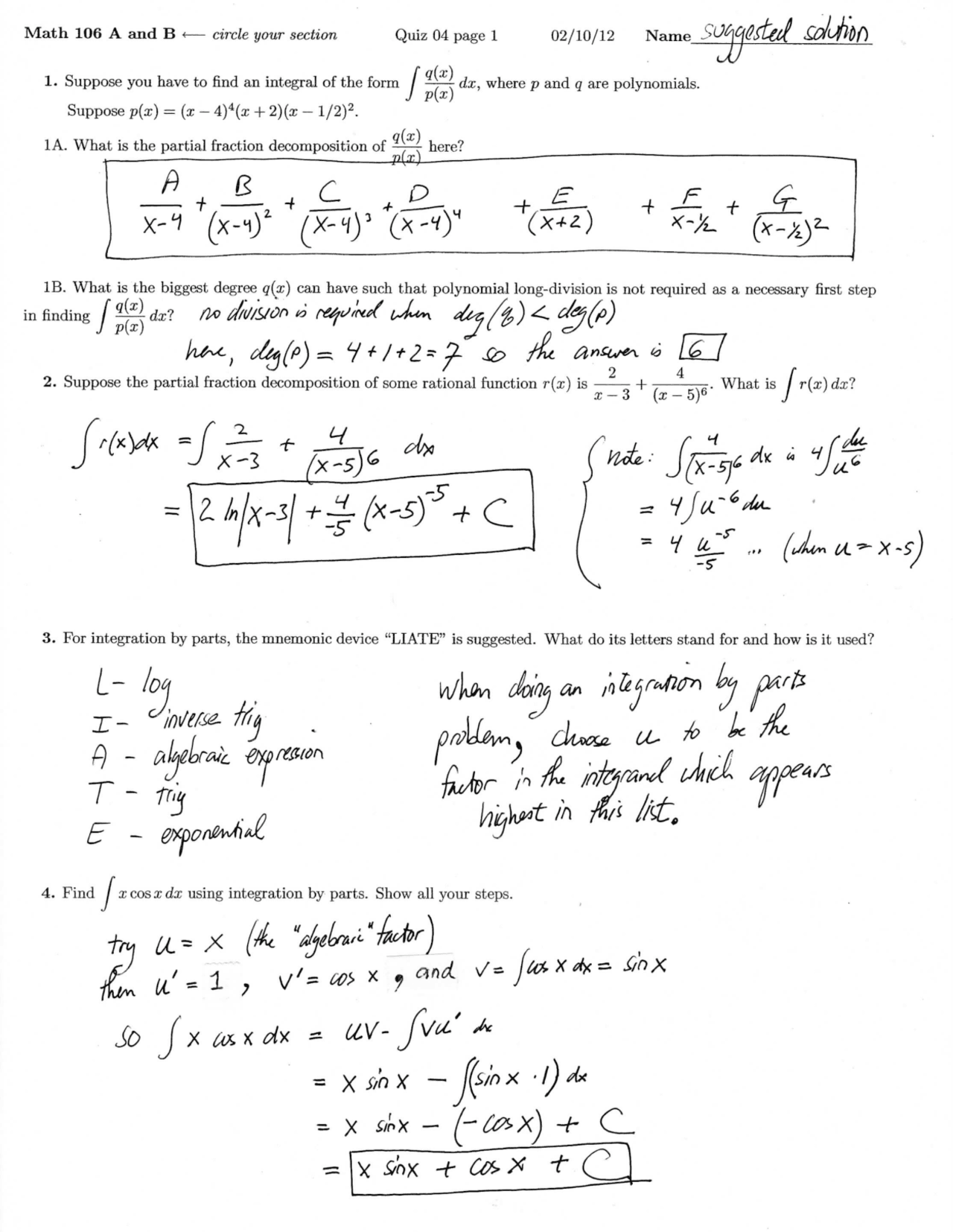 Rational Function - Calculus - Solved Quiz - Docsity