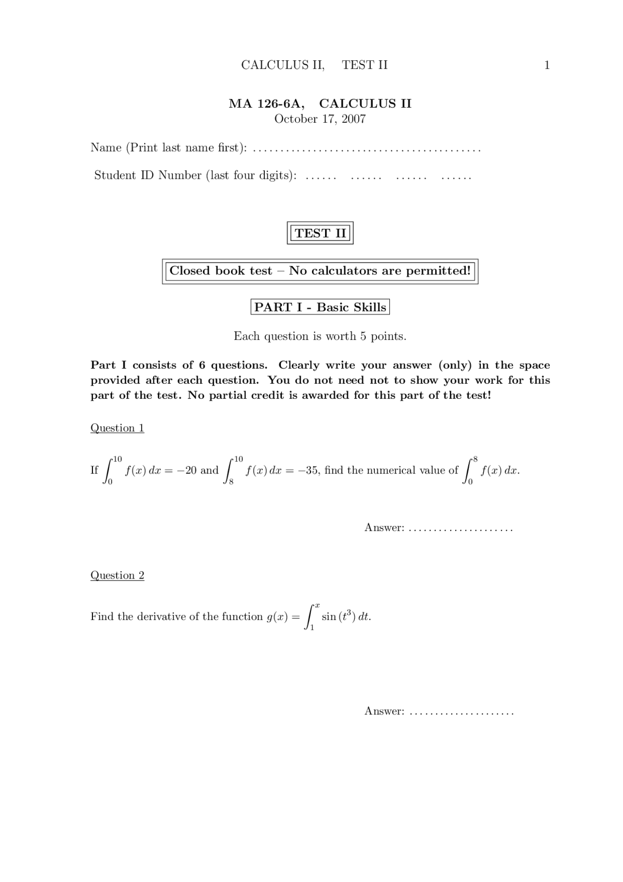 Numerical Value Calculus Ii Exam Exams Calculus Docsity