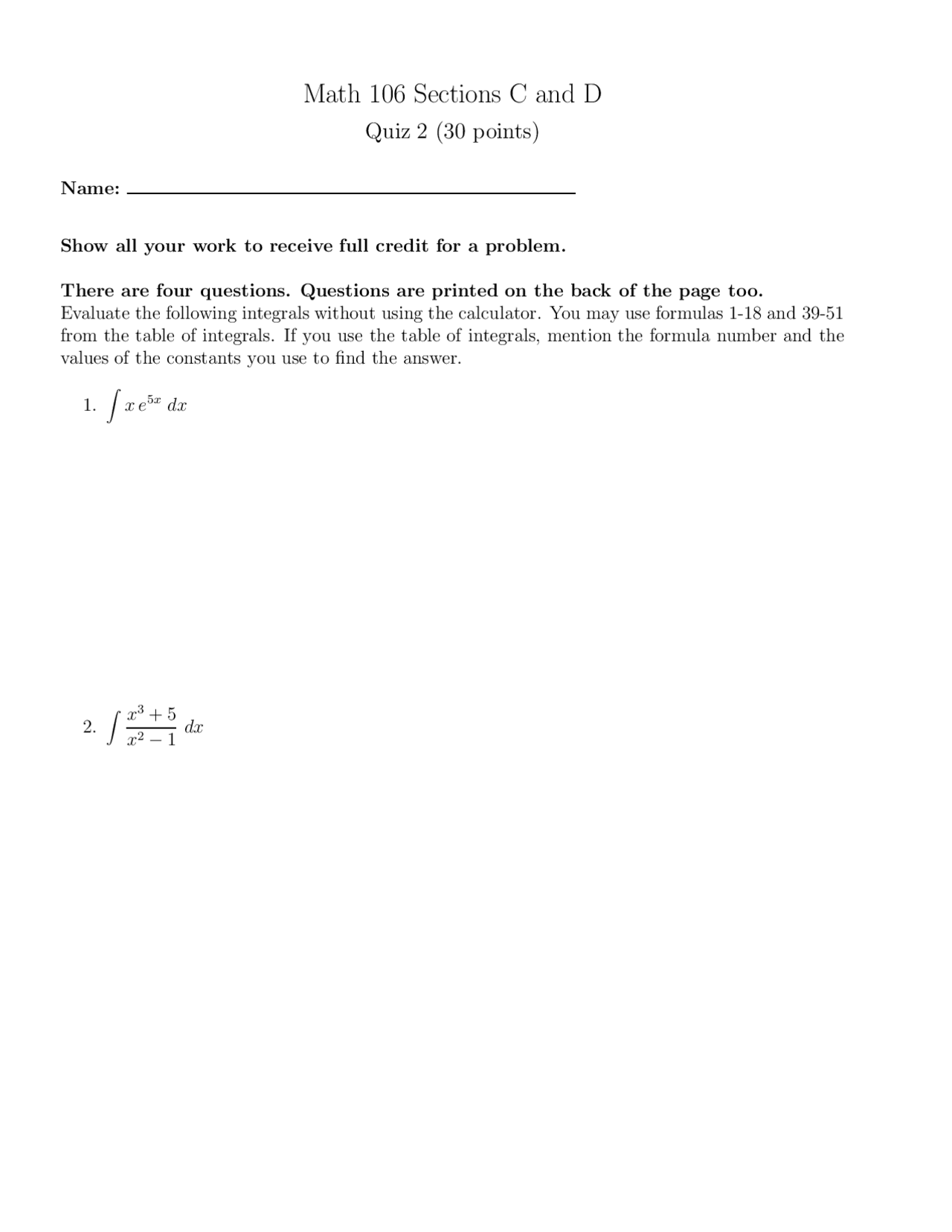 Table Calculus Quiz Docsity