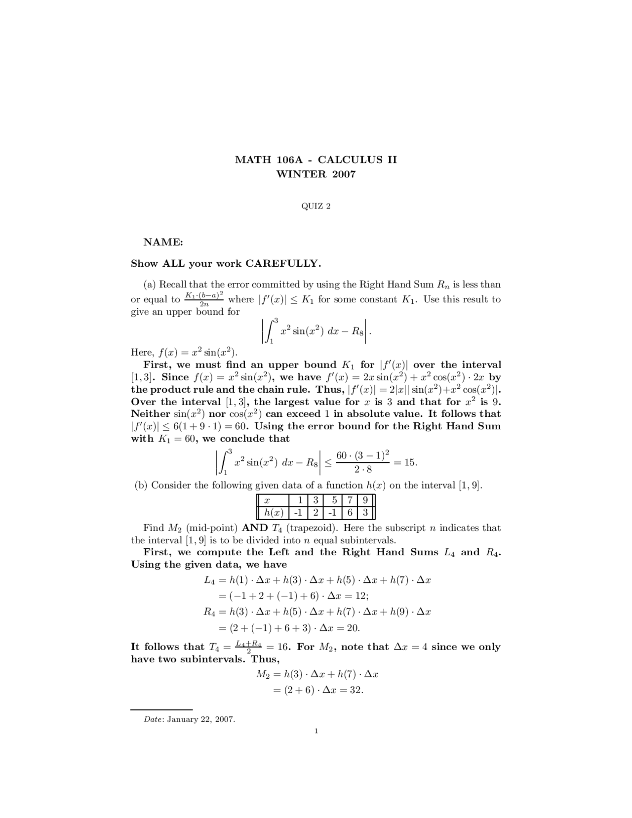 Right Hand Sum Calculus Solved Quiz Docsity