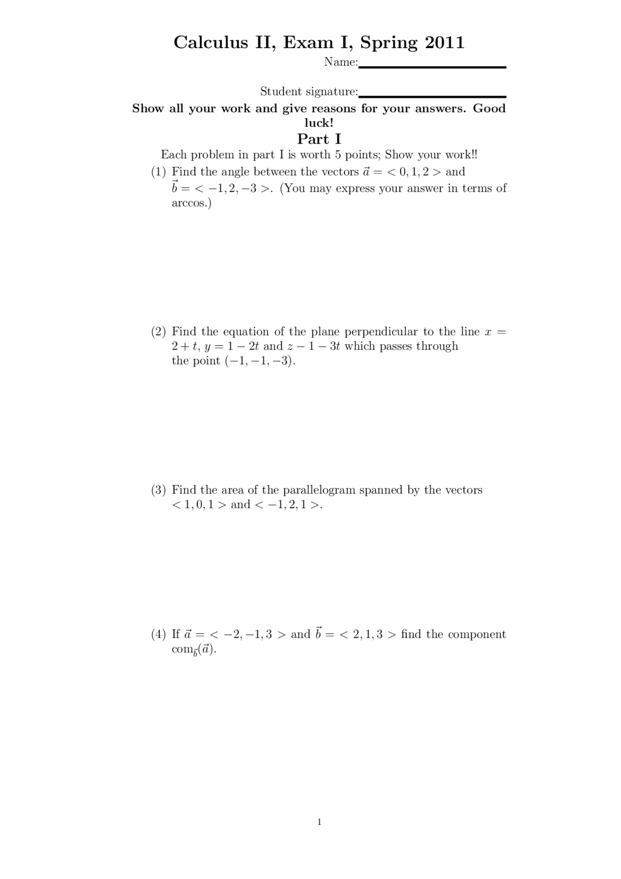 Find Component - Calculus II - Exam - Docsity