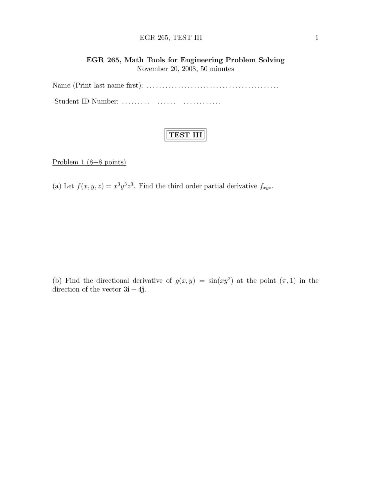 Third Order Partial Derivative Math Tools For Engineering Exam Docsity