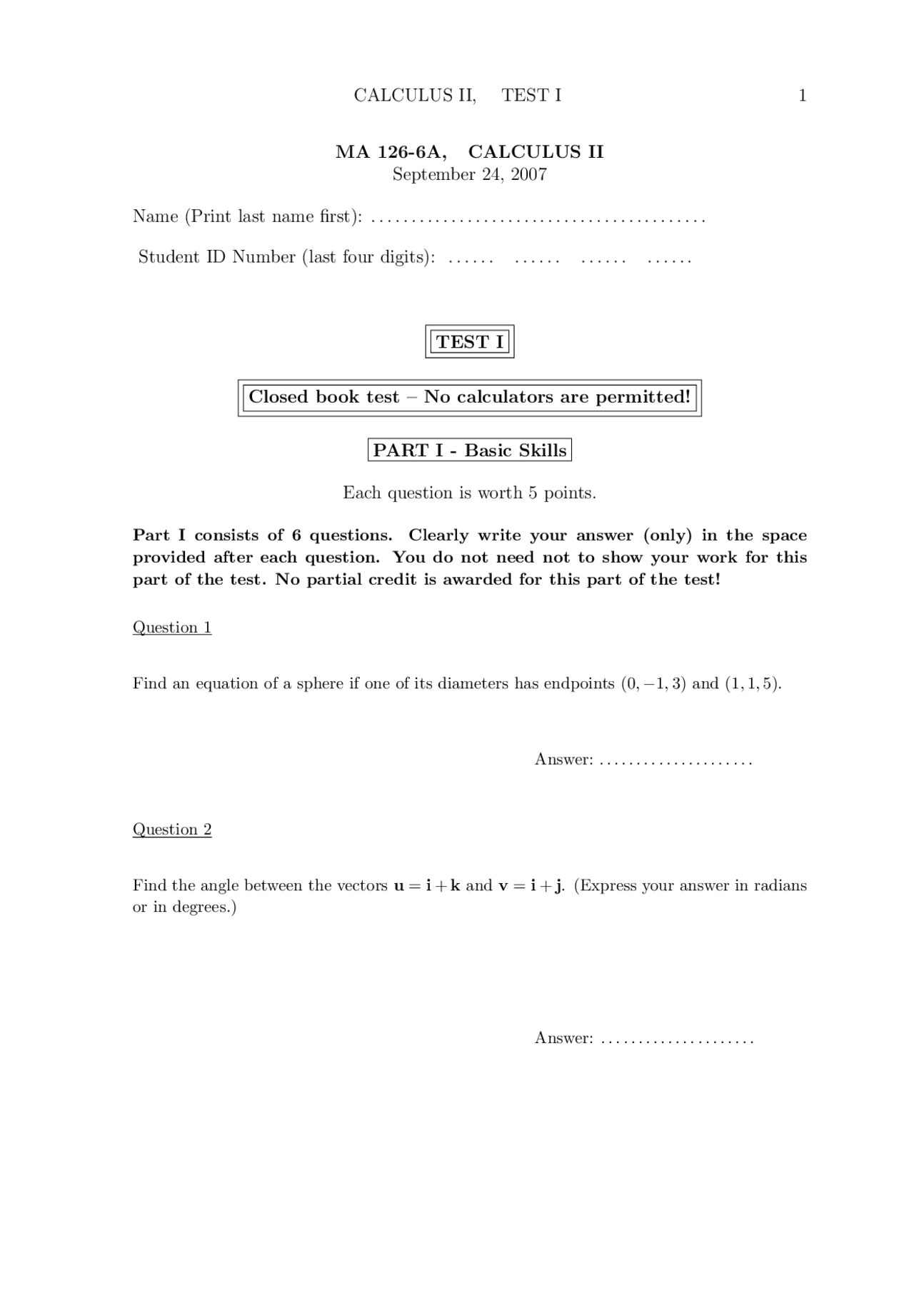 Equation Of Sphere Calculus Ii Exam Docsity