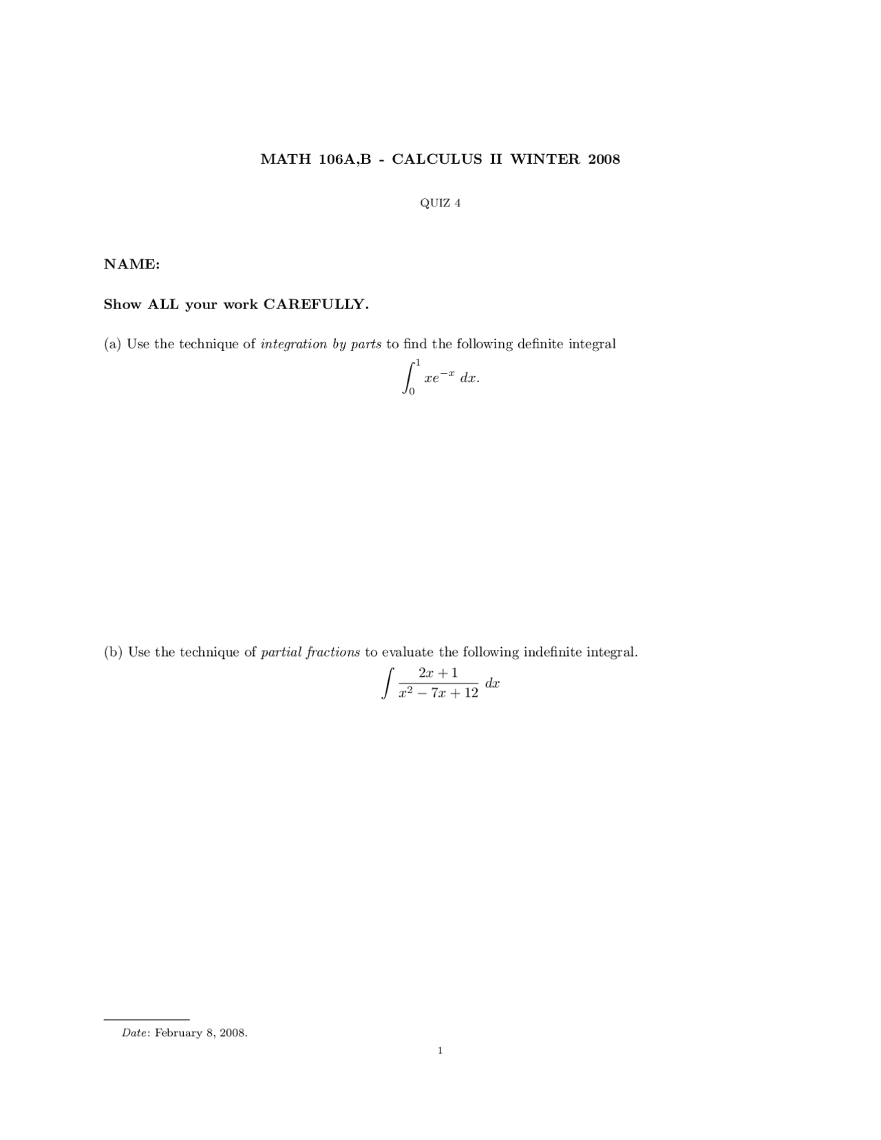 Integration By Parts Calculus Quiz Docsity