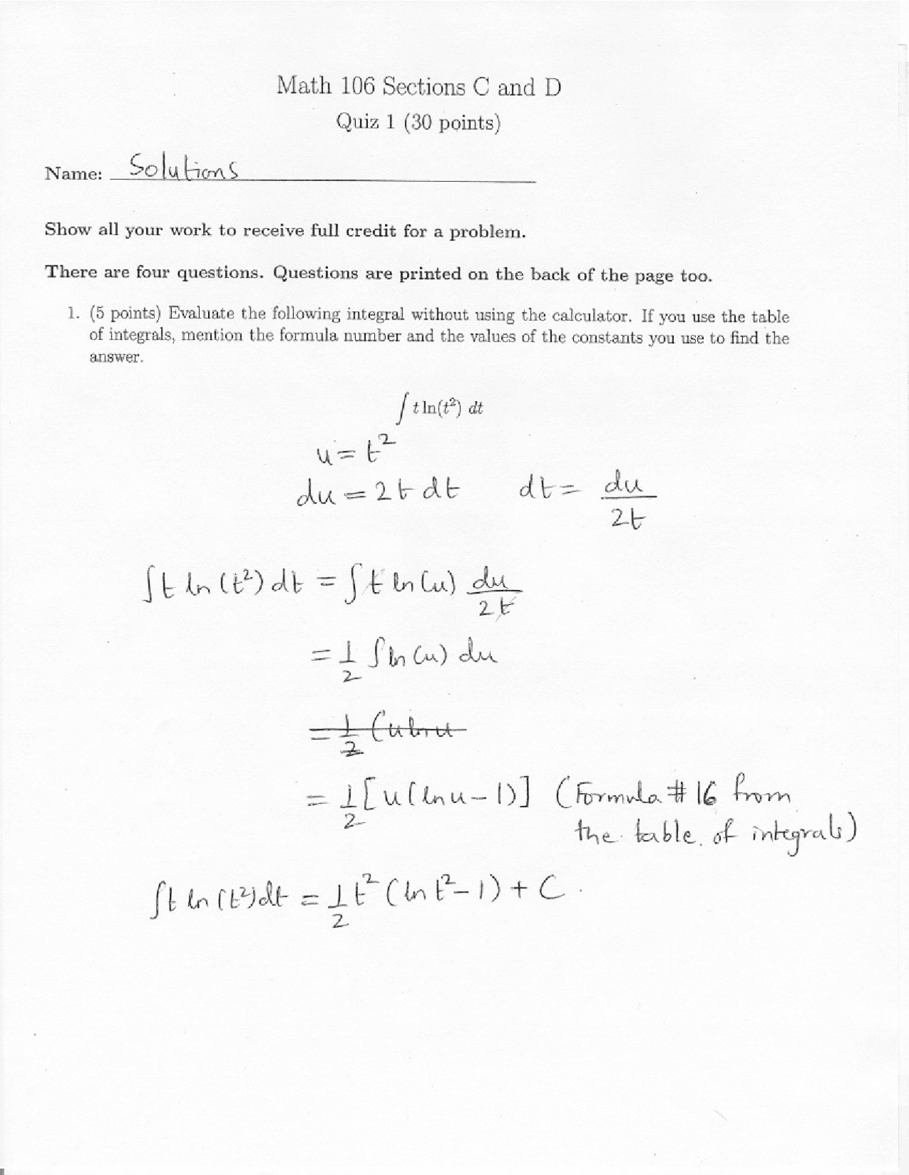 Formula Number - Calculus - Solved Quiz | Exercises Calculus | Docsity