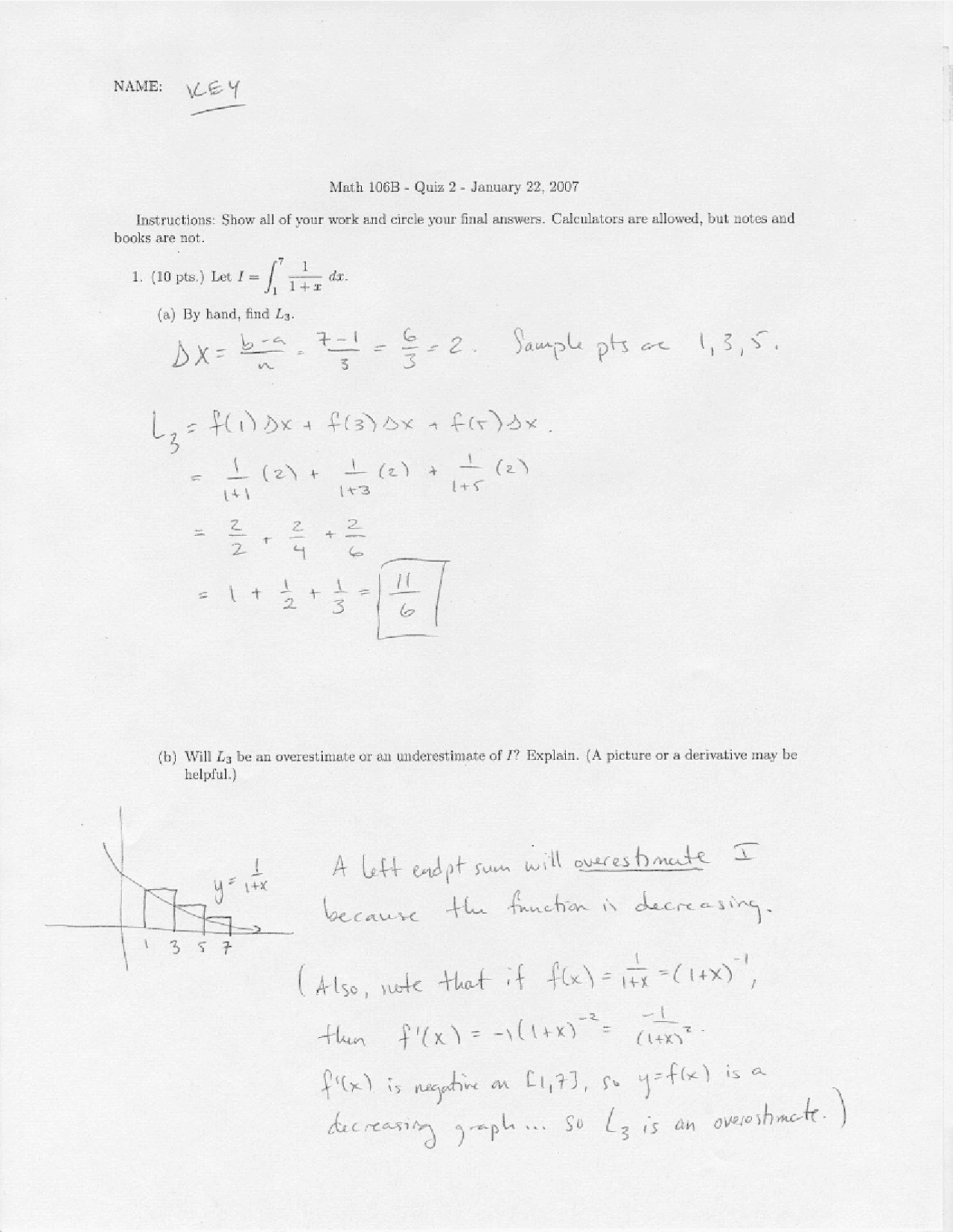 Overestimate - Calculus - Solved Quiz - Docsity