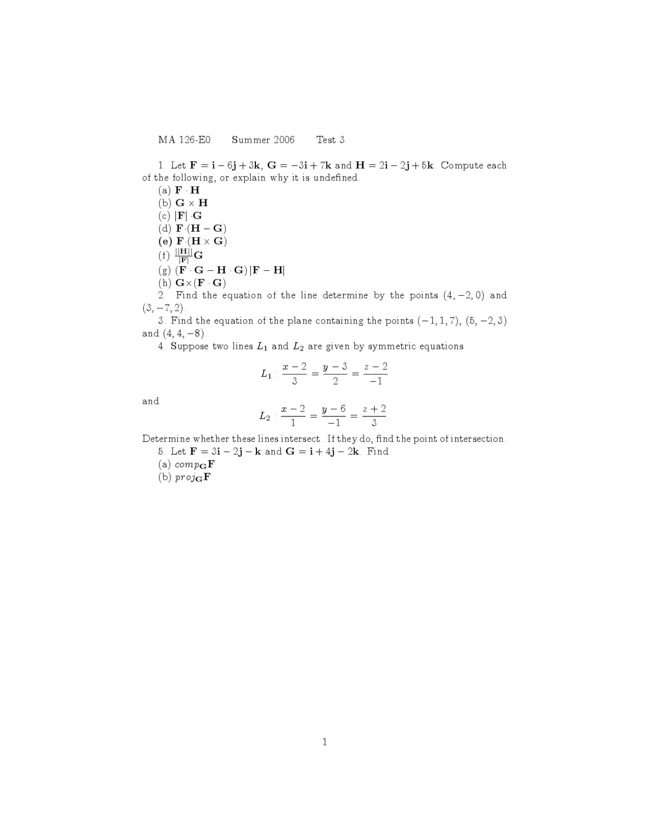 Equation of Plane - Calculus II - Exam - Docsity
