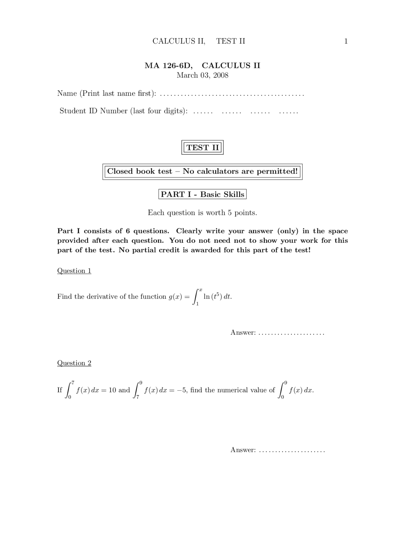 Definite Integral Calculus Ii Exam Docsity