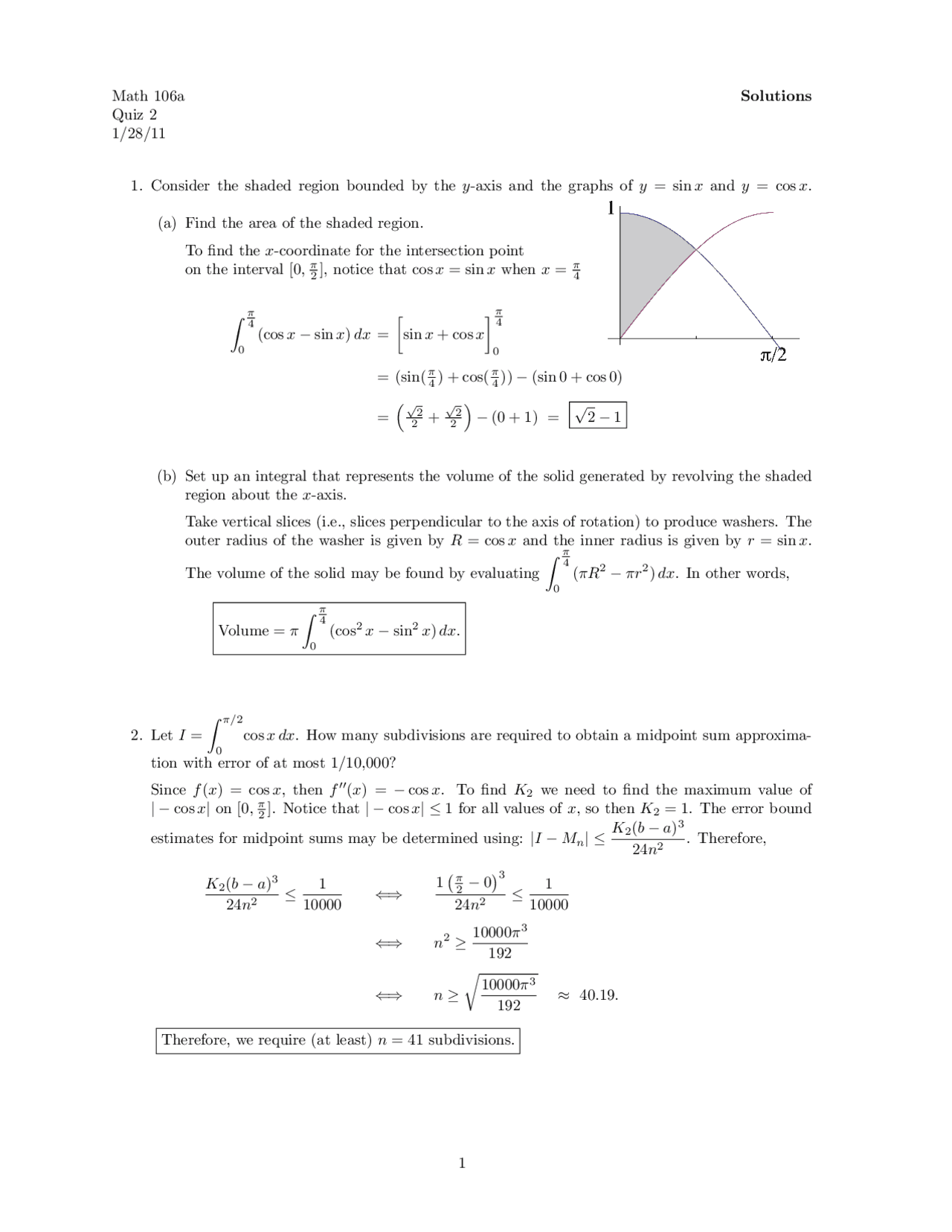 Shaded Region Calculus Solved Quiz Docsity