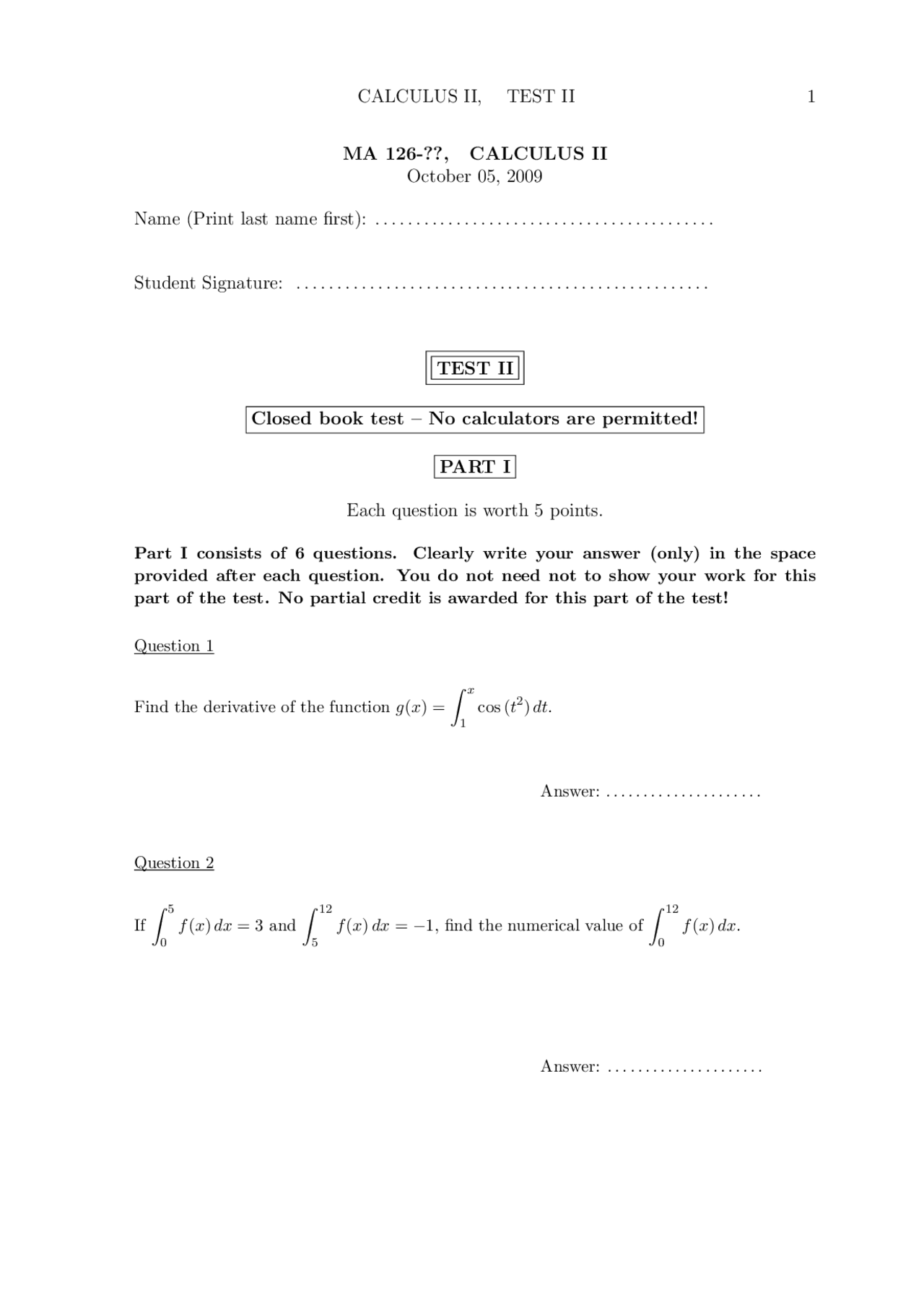 Real Number Calculus Ii Exam Docsity