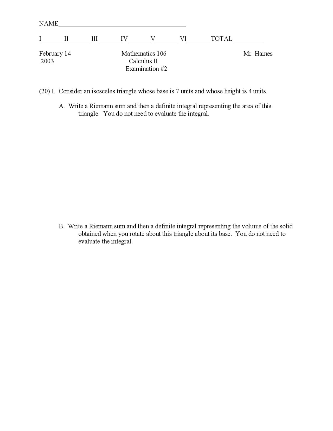 Calculus II Examination: Integrals and Riemann Sums | Exams Calculus ...