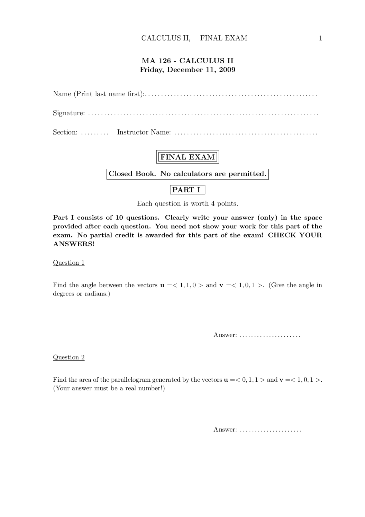 Angle In Degrees Calculus Ii Exam Docsity