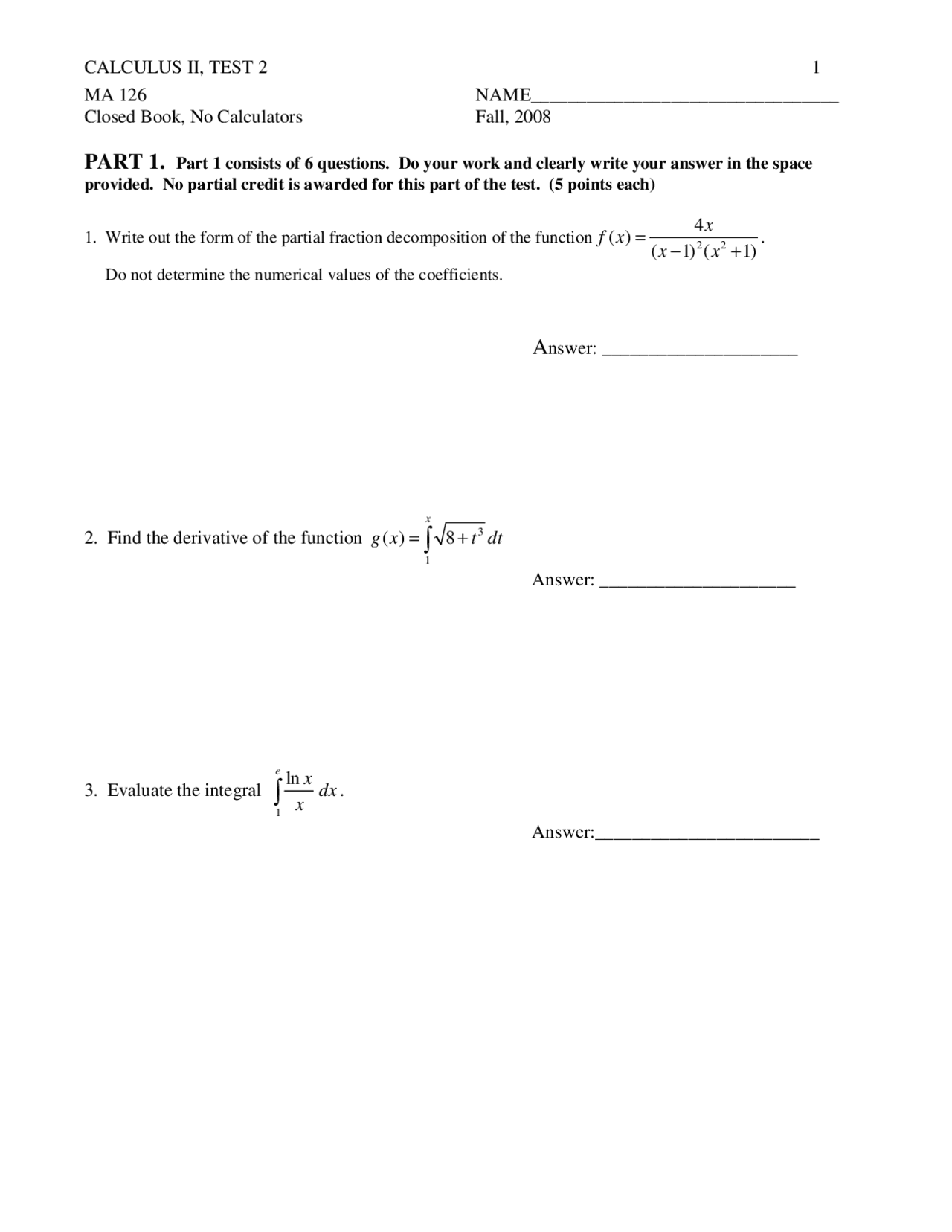 Numerical Values of Coefficients - Calculus II - Exam - Docsity