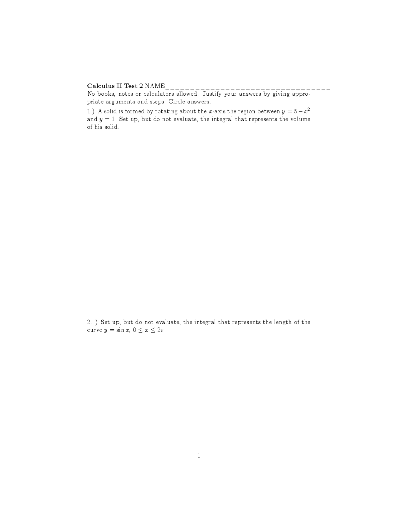 Calculus II Test 2: Volume, Integrals, Sequences, and Series | Exams ...