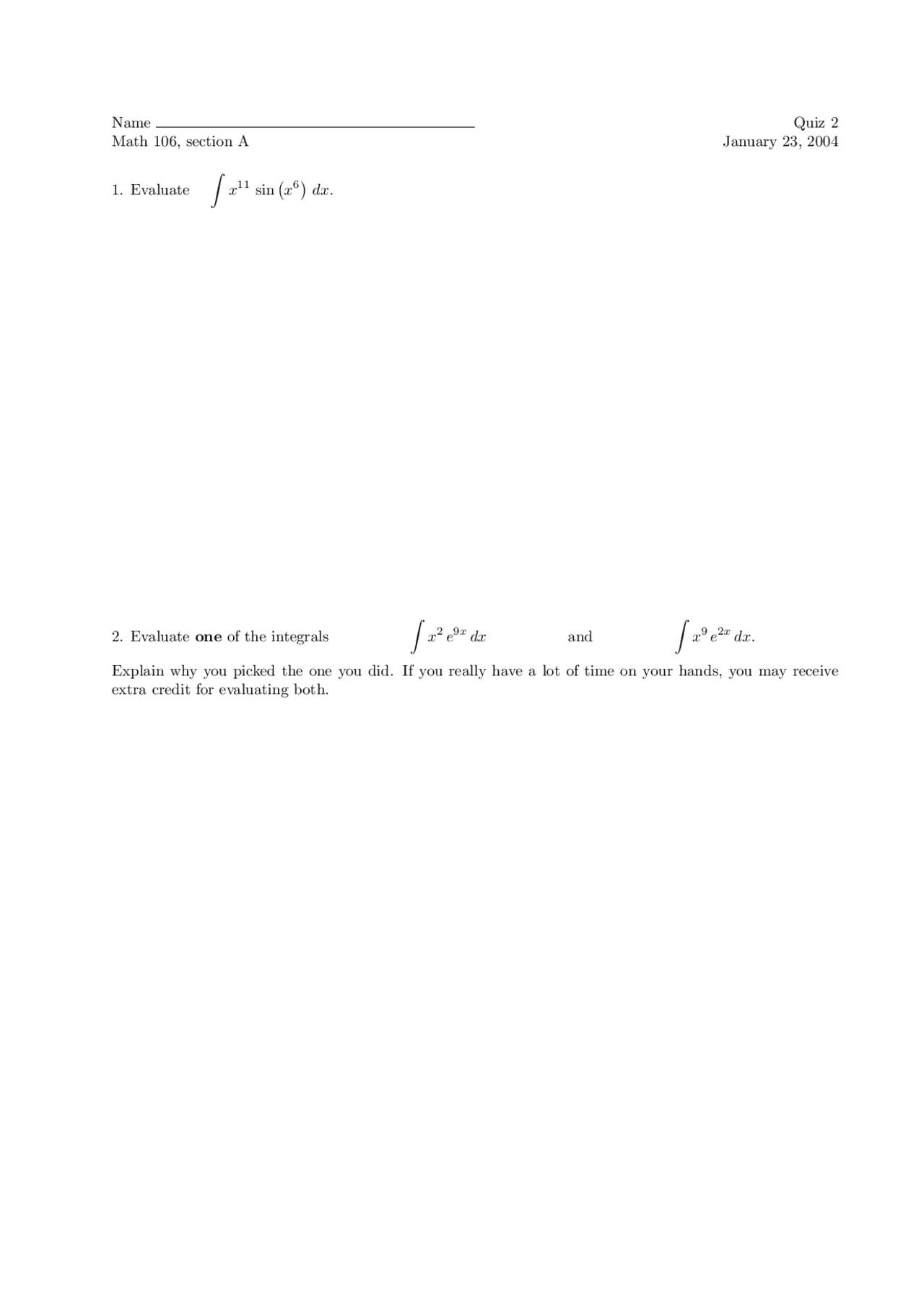 Evaluating Calculus Quiz Docsity