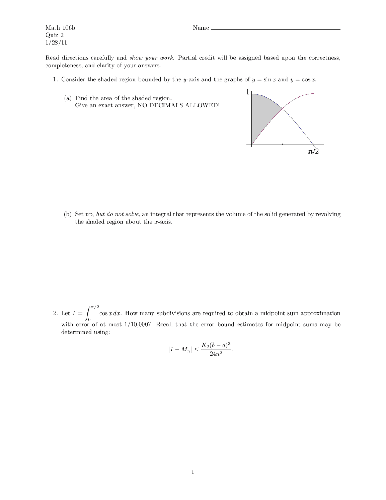 Shaded Region Calculus Quiz Docsity