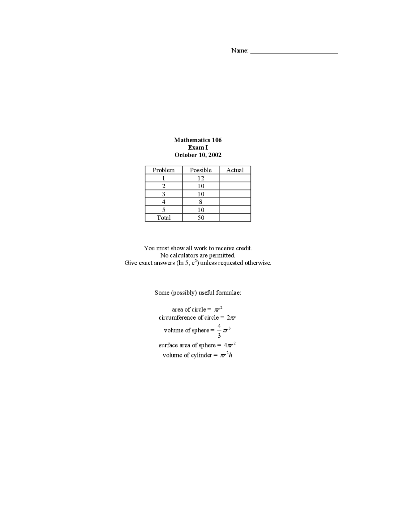 Volume Of Sphere Calculus Exam Docsity