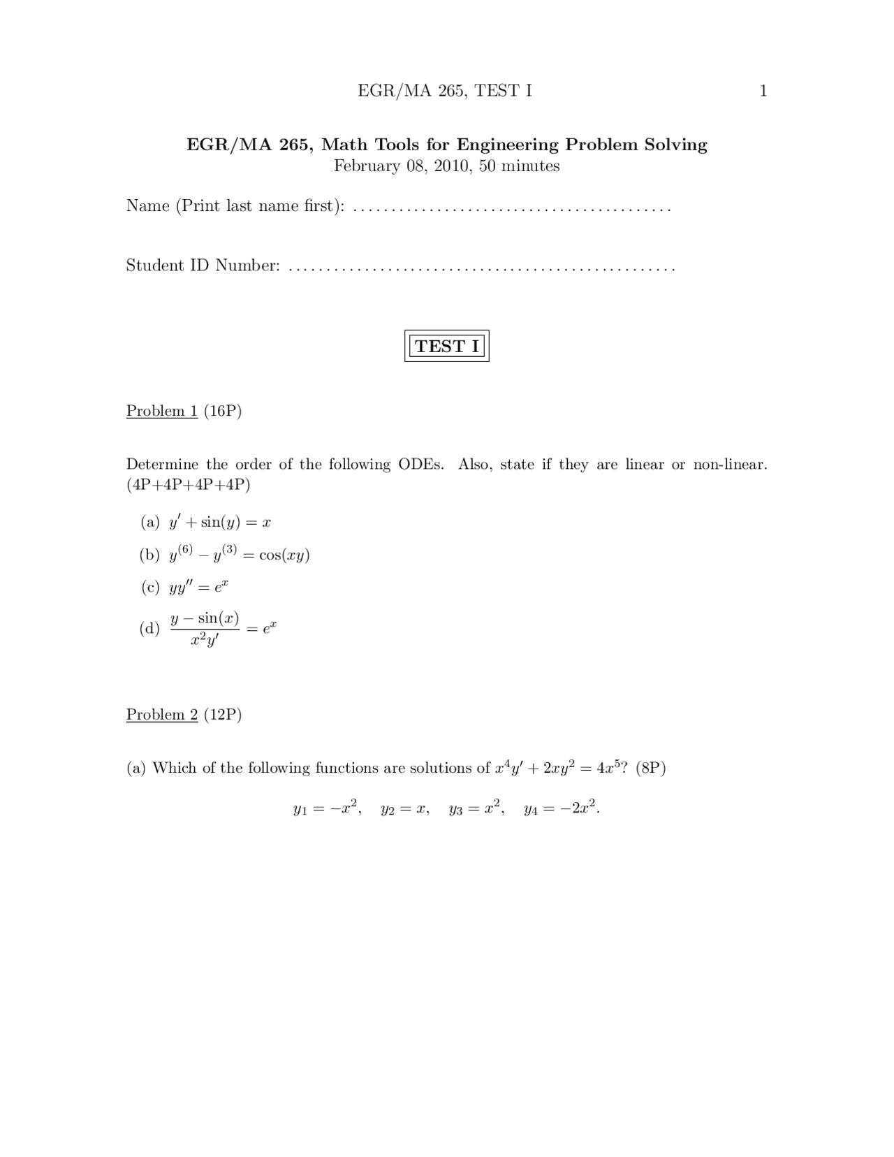 Differential Equation Math Tools For Engineering Exam Docsity