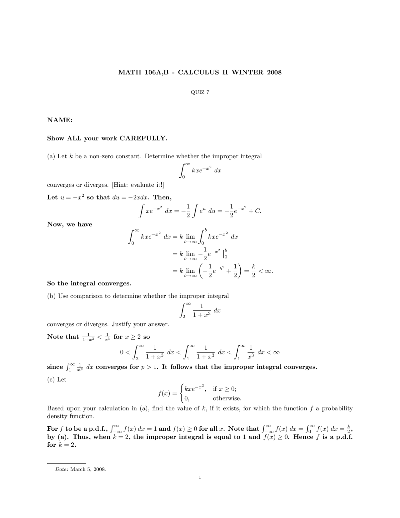 Non Zero Calculus Solved Quiz Exercises Calculus Docsity