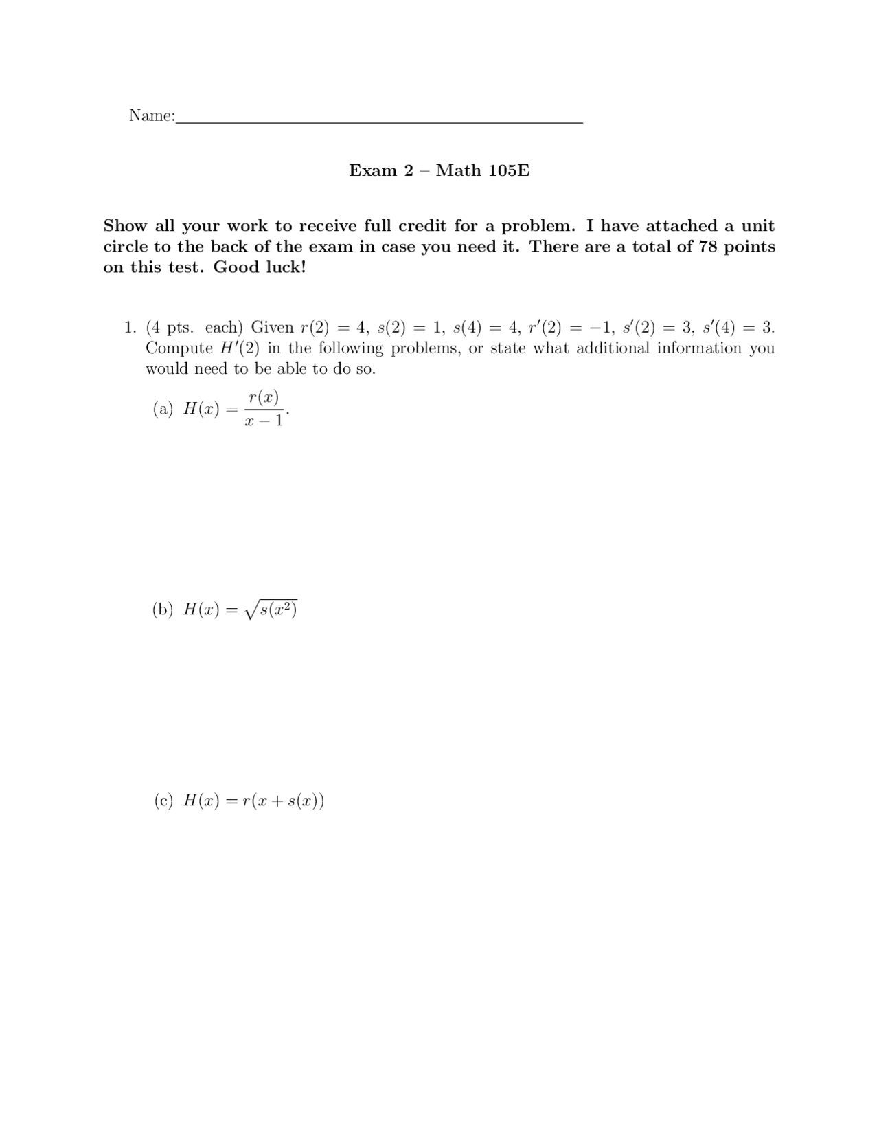 Additional Information Multivariable Exam Docsity