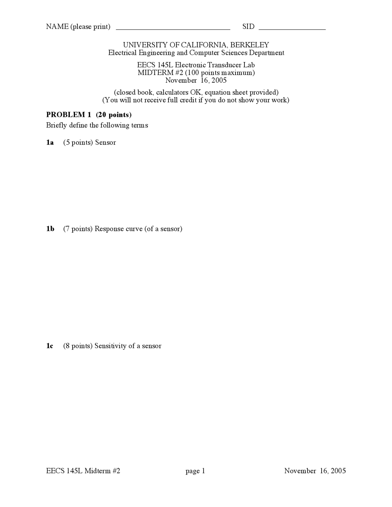Sensor Intro Electronic Transducer Lab Exam Docsity