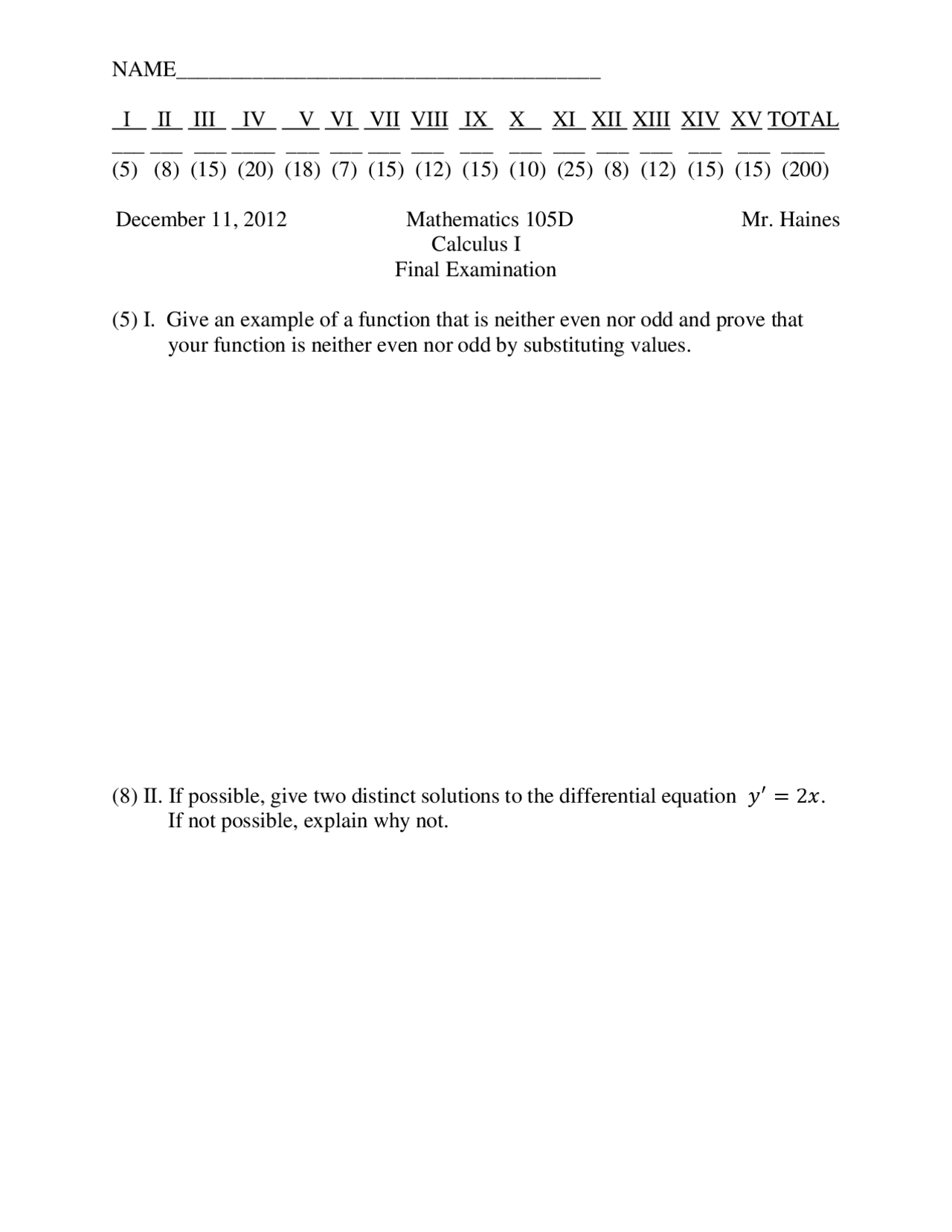 Odd Multivariable Exam Docsity