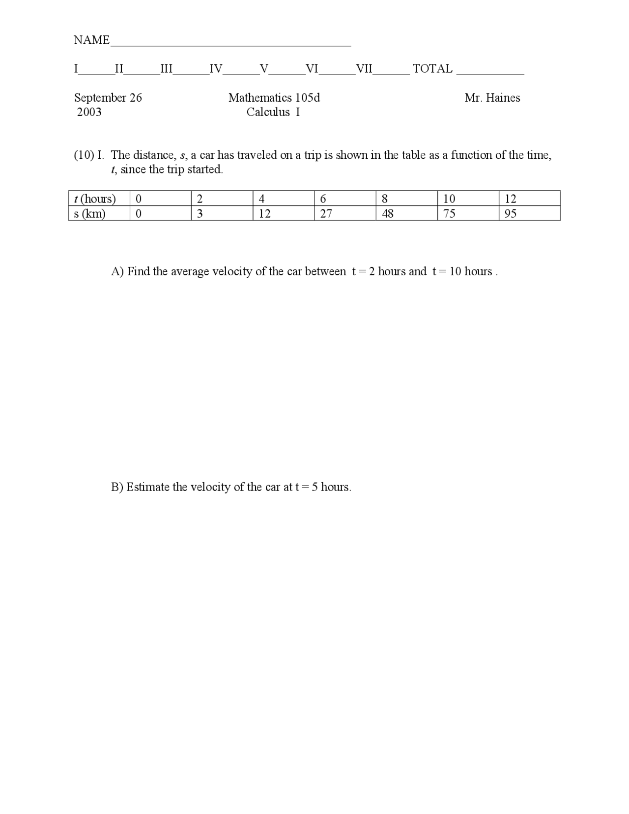 Average Velocity Multivariable Exam Docsity