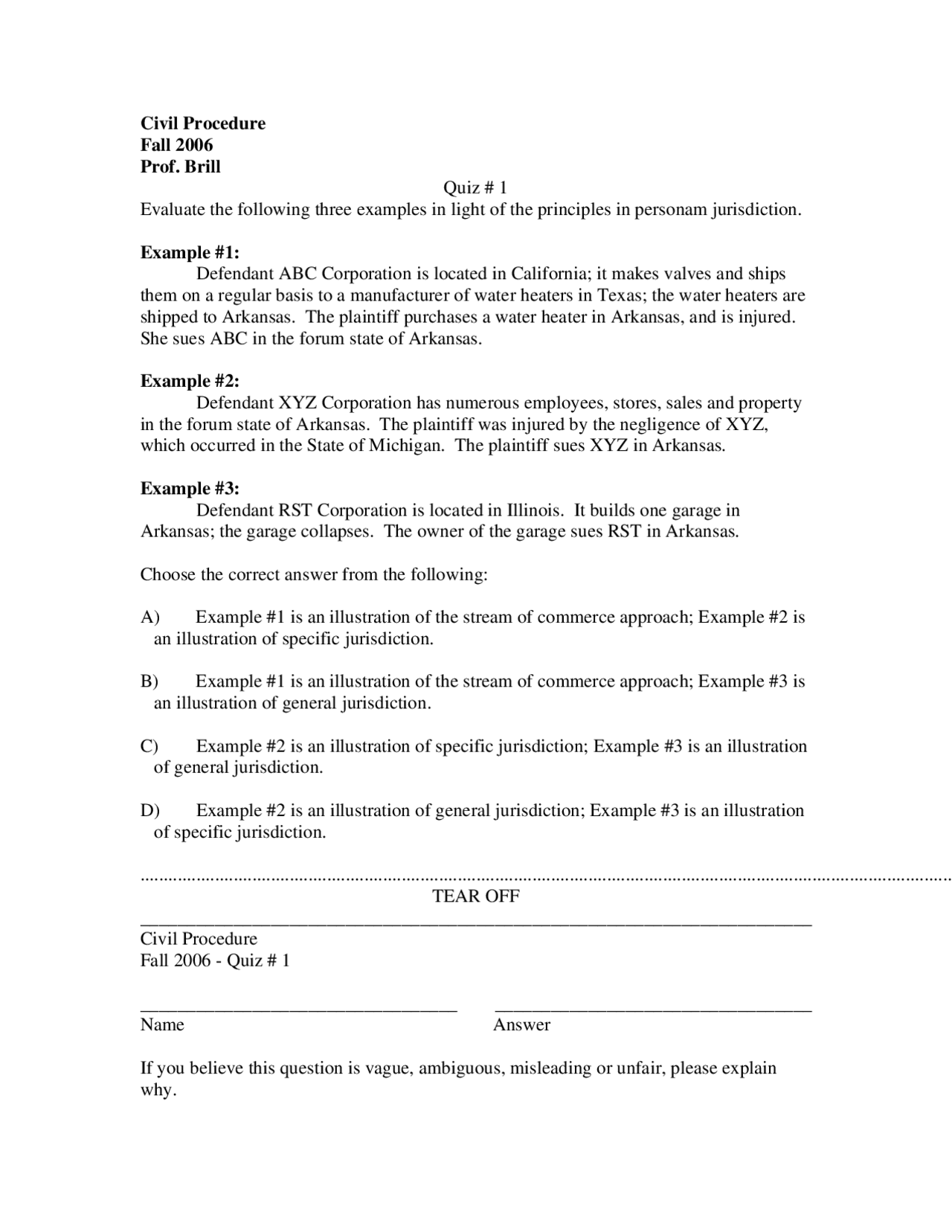 Principles In Personam Jurisdiction Civil Procedure Quiz Docsity